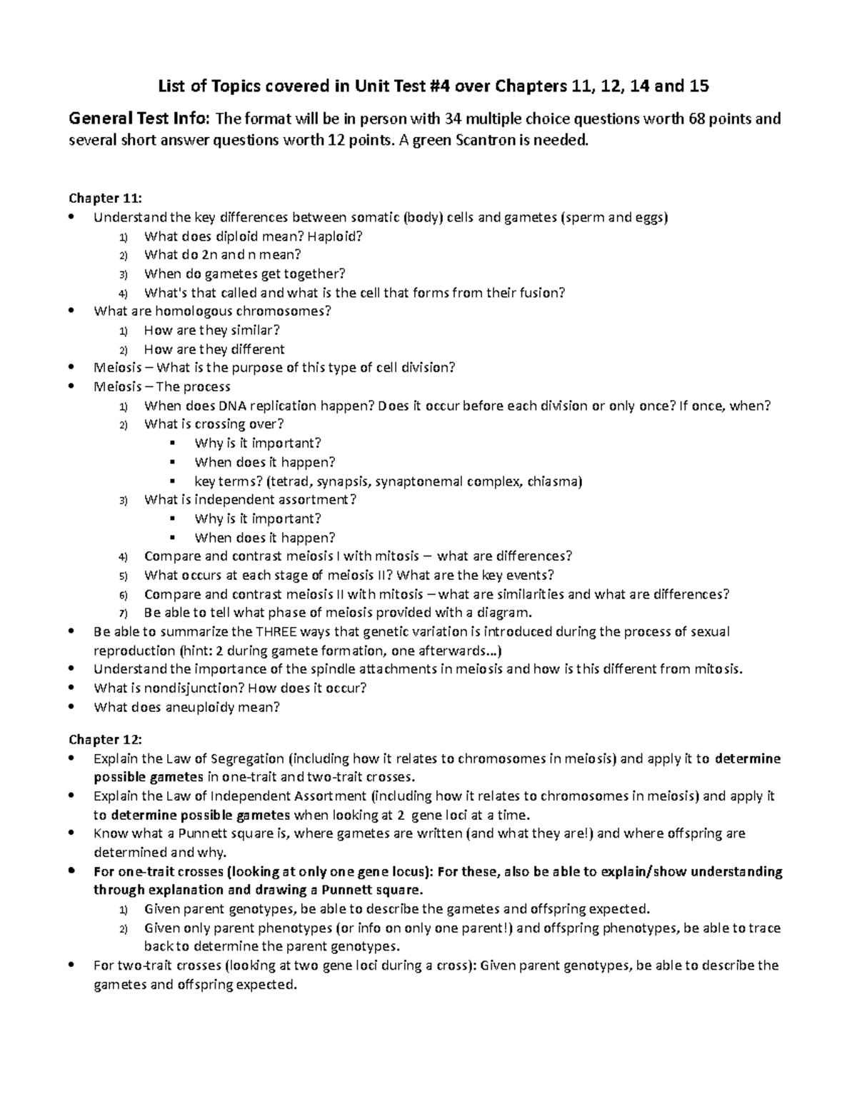 BIOL1406 Review Topics Unit 4 - List of Topics covered in Unit Test #4 ...
