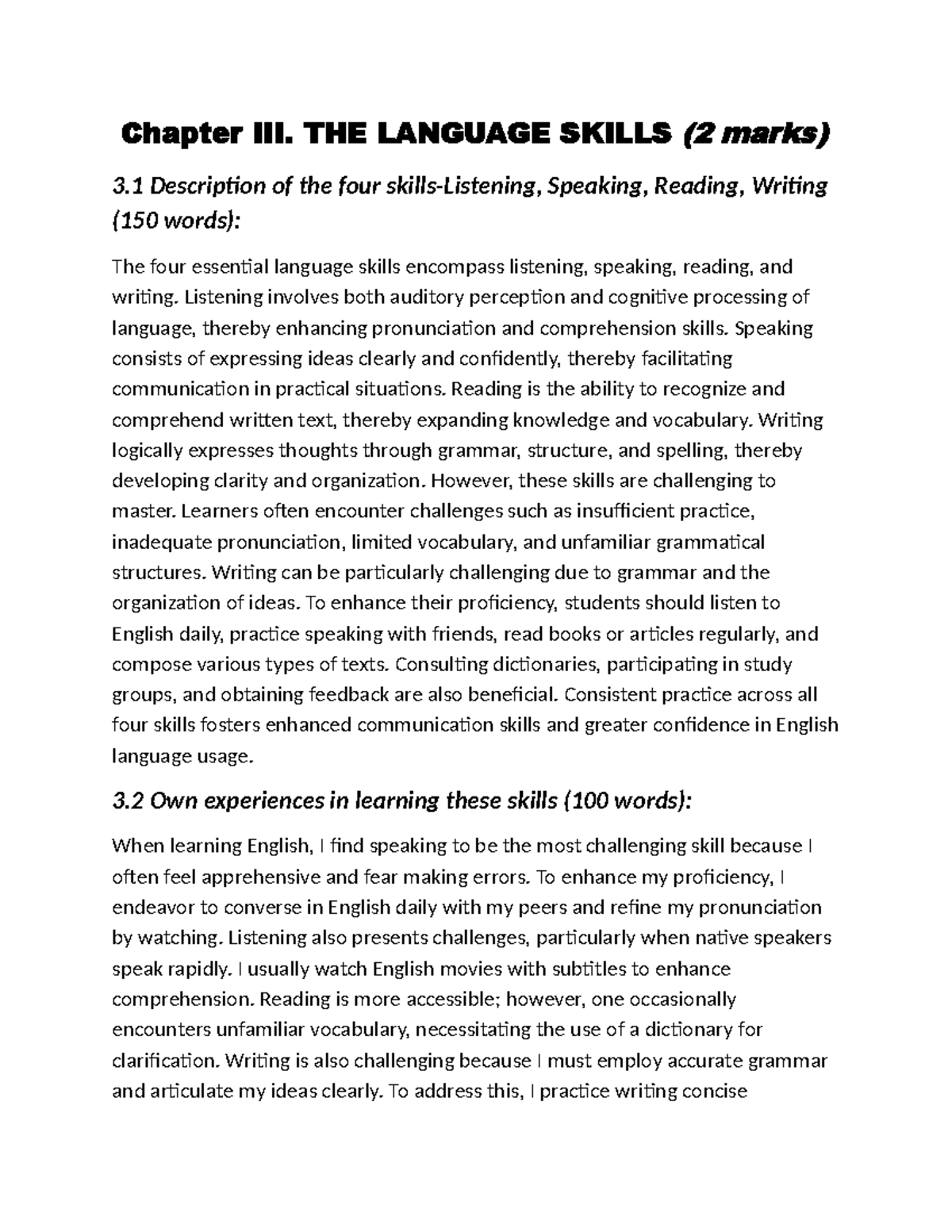 Chapter III - Language Skills: Speaking, Reading, Writing Challenges ...