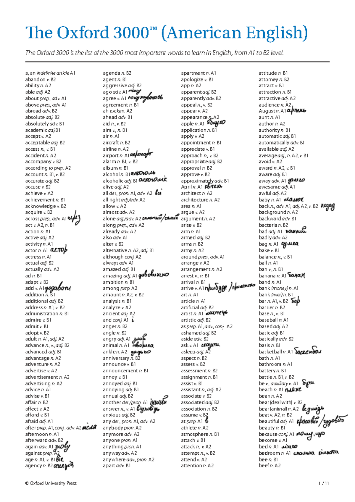 American Oxford 3000 Vocabulary List (A1-B2 Levels) - Studocu