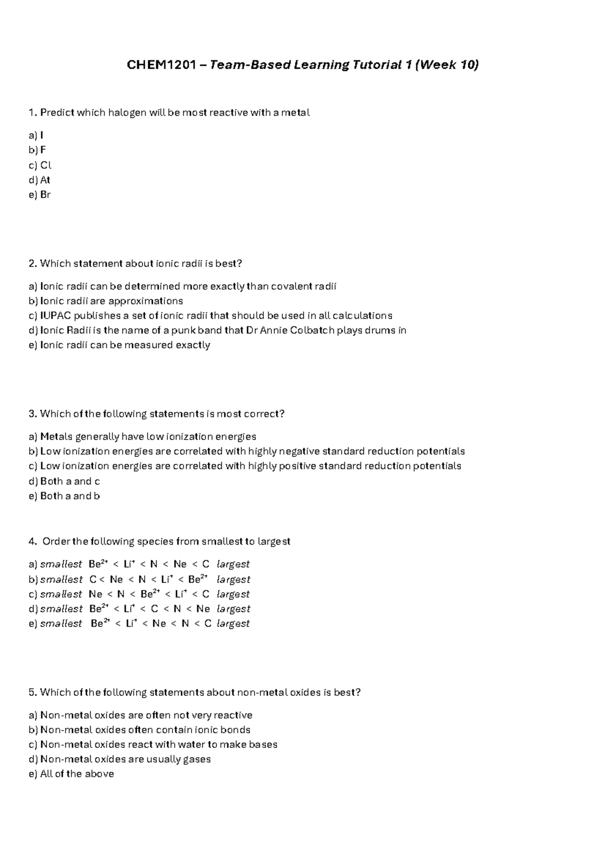 2025 CHEM1201 Lectorial Week 10 Tutorial Questions - Studocu