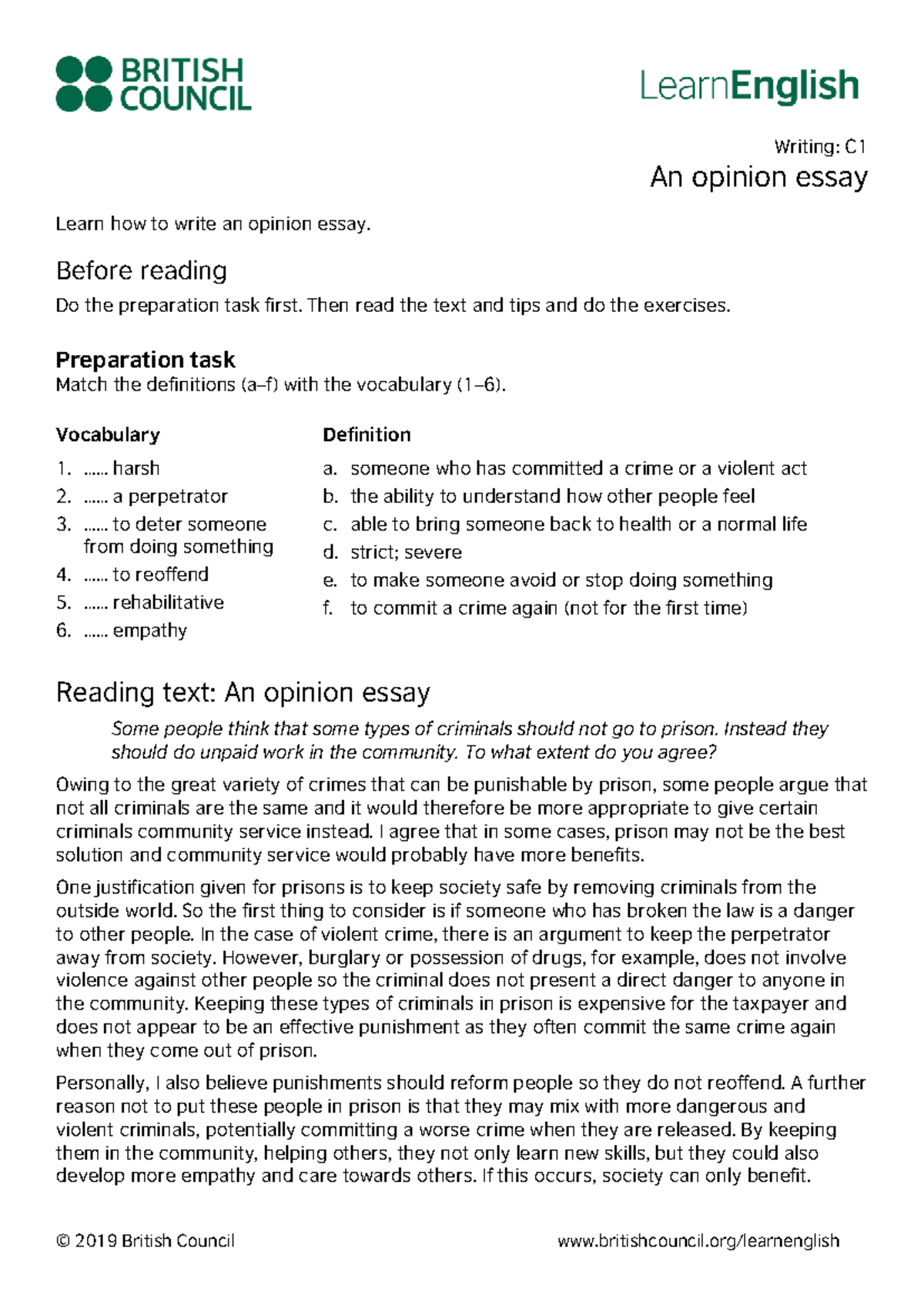 C1 Writing: Opinion Essay Guide and Preparation Tasks - Studocu