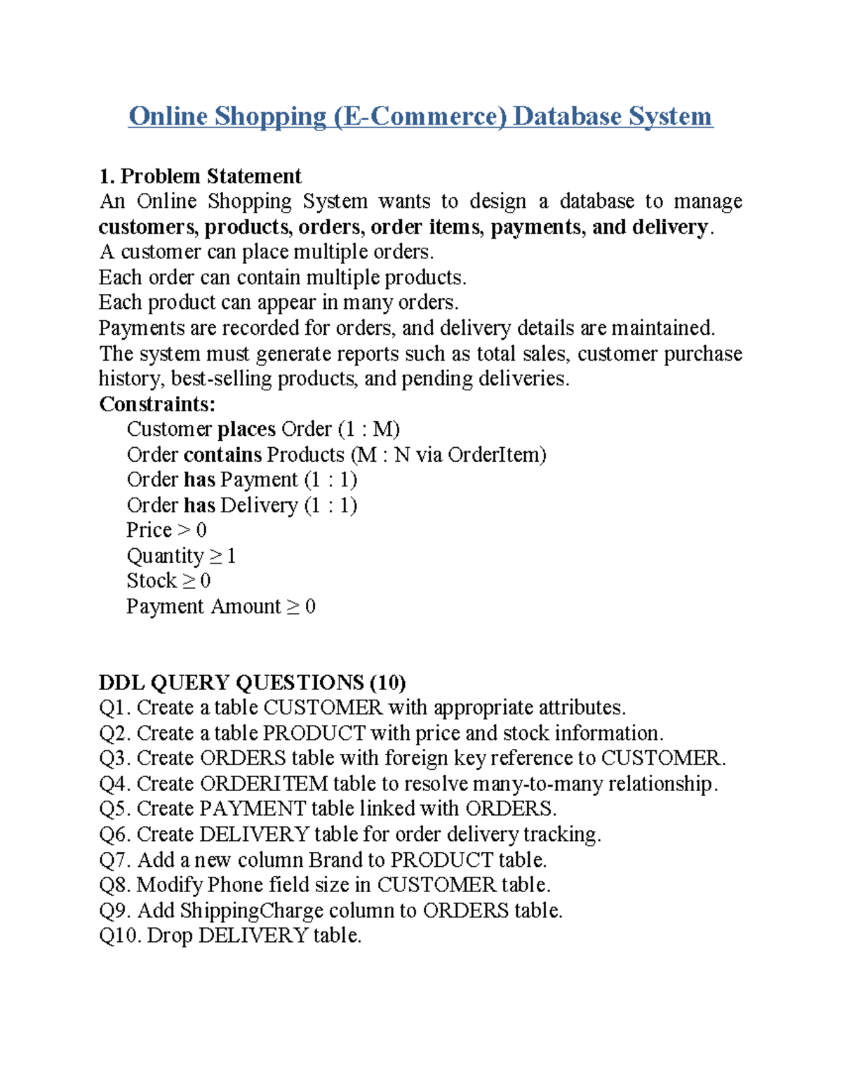 Online Shopping DB System: CASE Study 1 Analysis and Design - Studocu