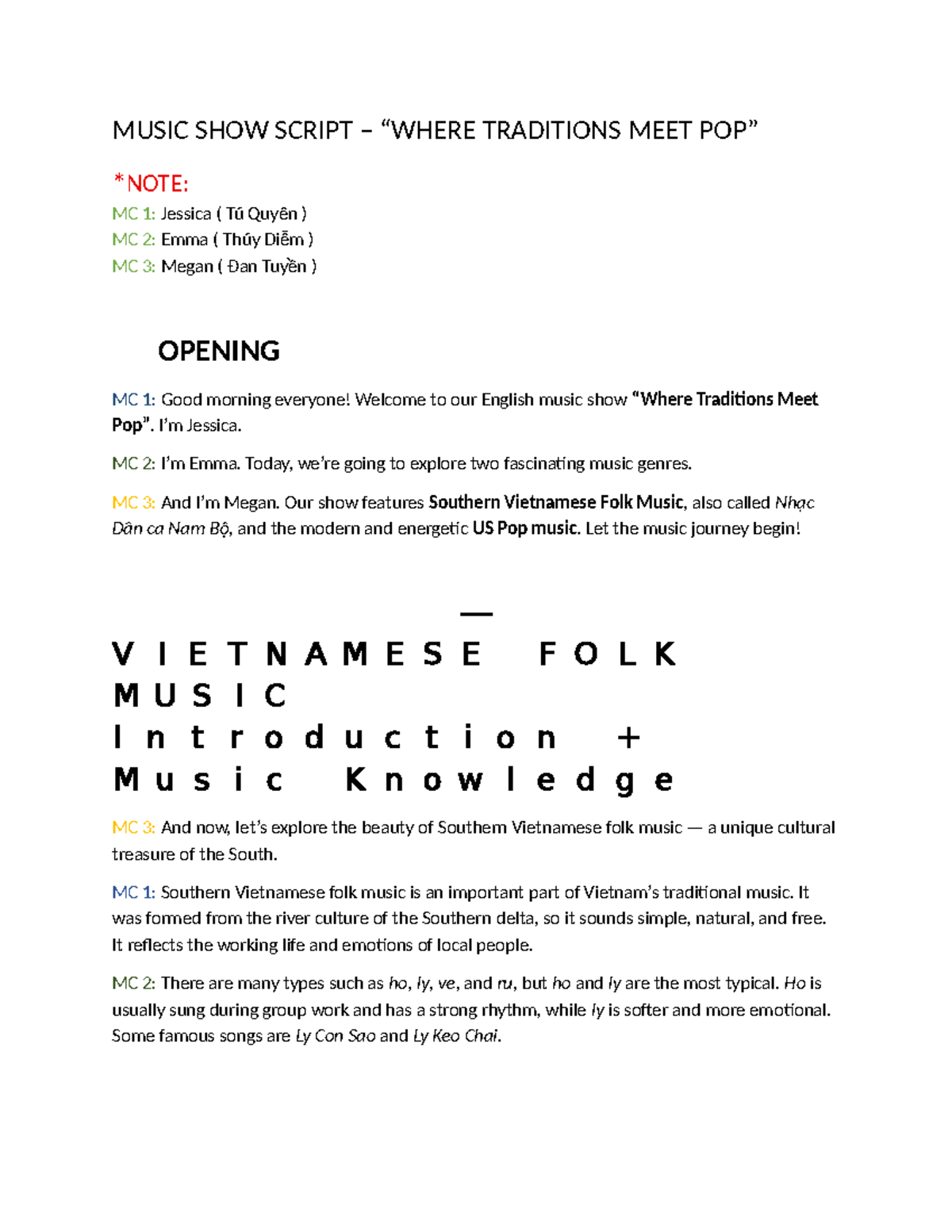 MUSIC SHOW SCRIPT: TRADITIONS MEET MC 1, 2, 3 - Studocu