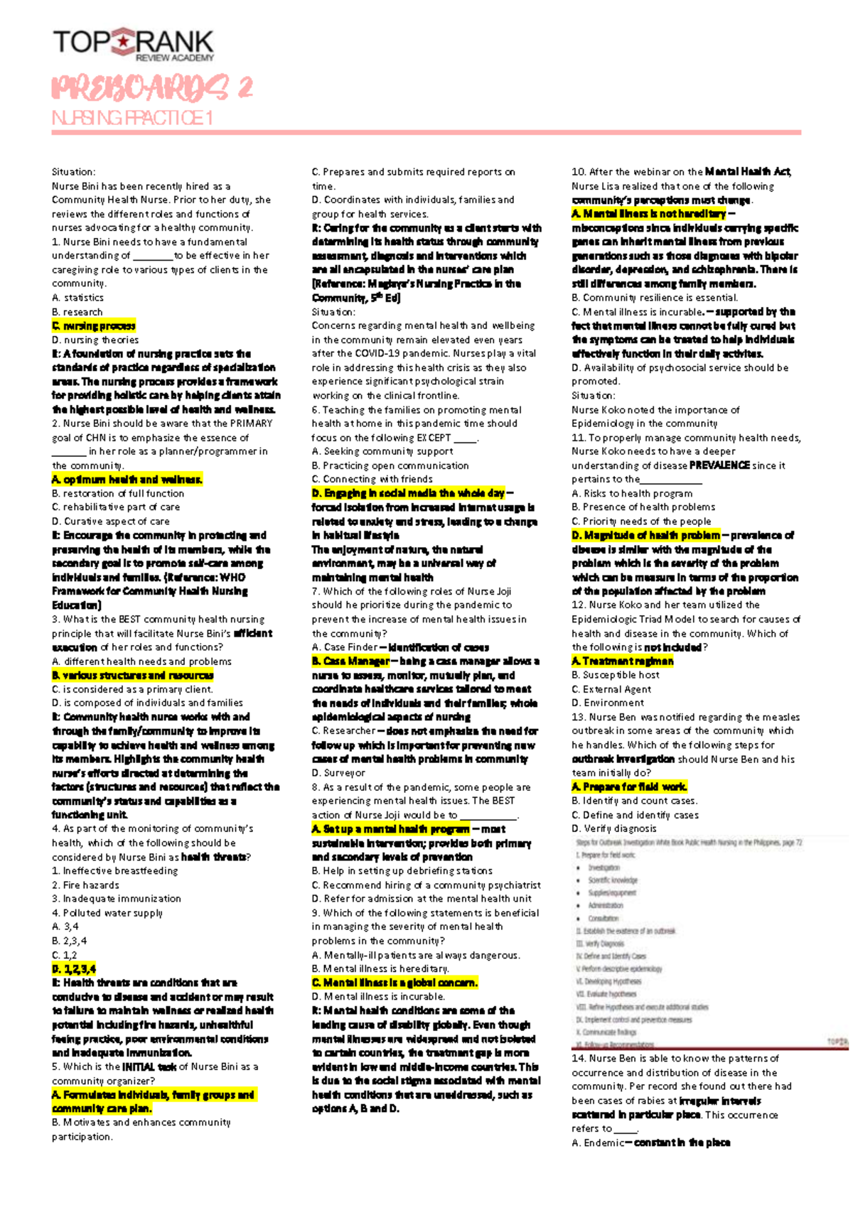 Preboard 2 NP1 Nursing Practice 1 - TOPRANK Reviewer Questions - Studocu