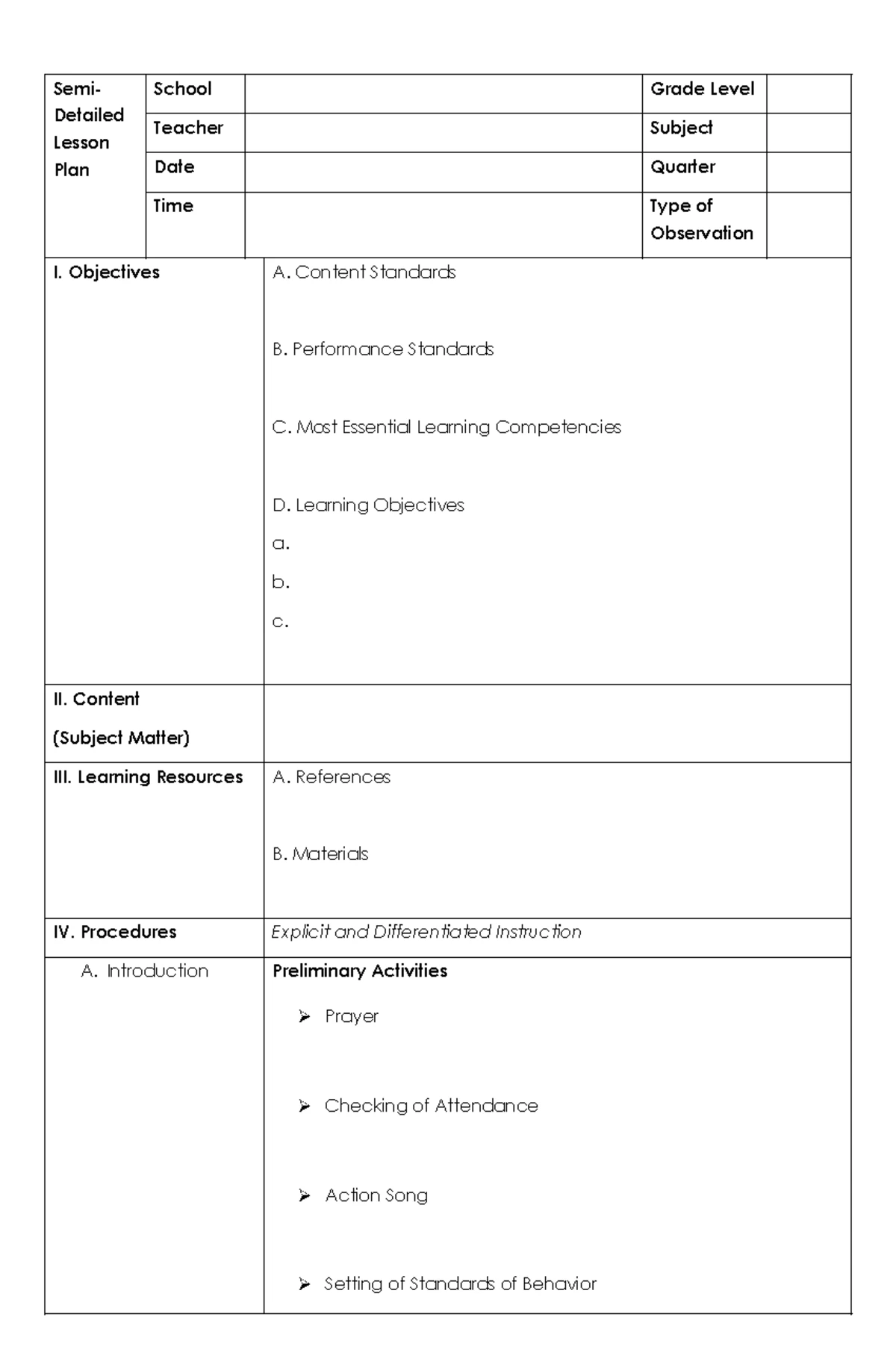 Explicit Teaching Lesson Plan Template - Semi- Detailed Lesson Plan ...