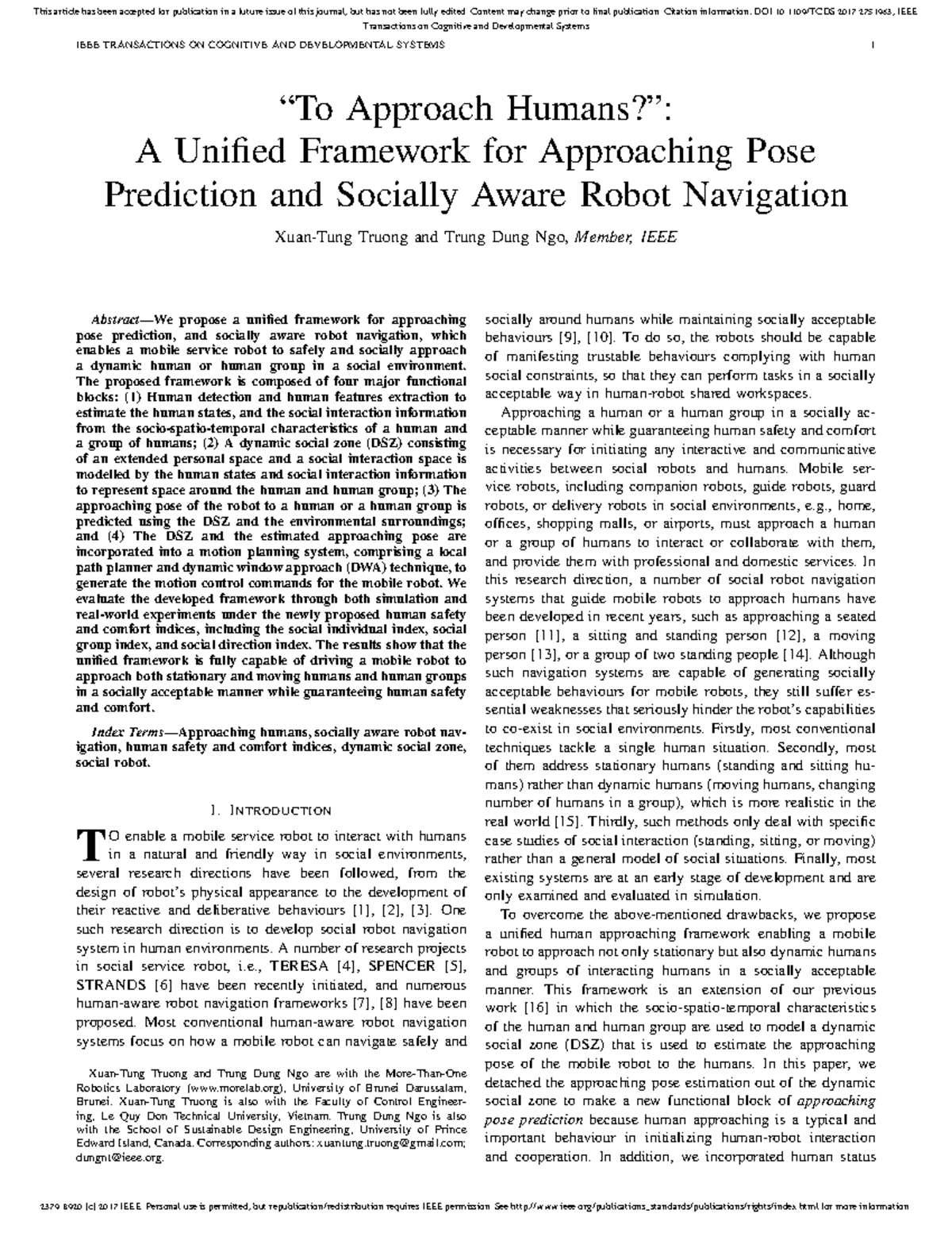 Truong 2017 - A Unified Framework for Socially Aware Robot Navigation - Studocu