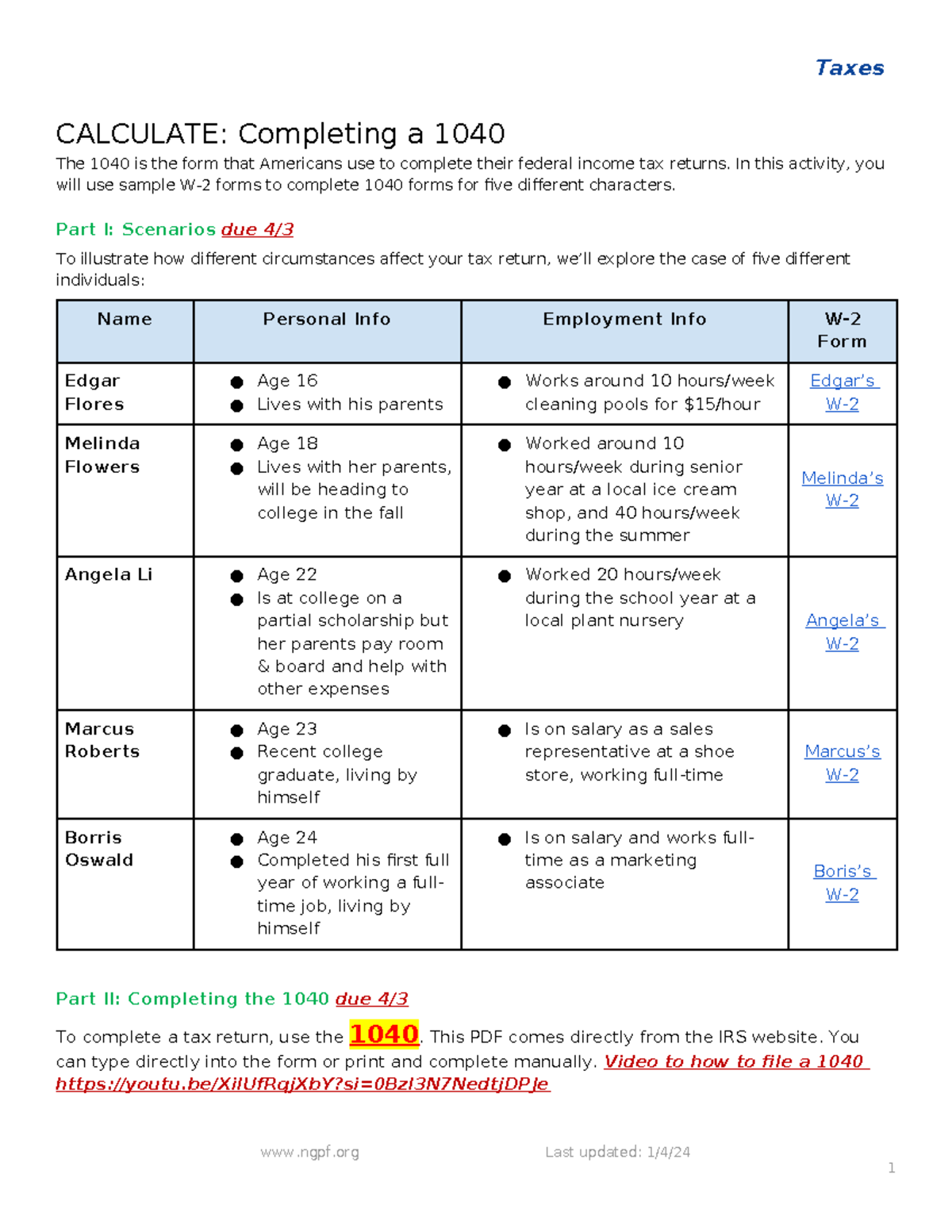 1040 Tax Return Preparation Activity Worksheet-3: Completing the 1040 ...