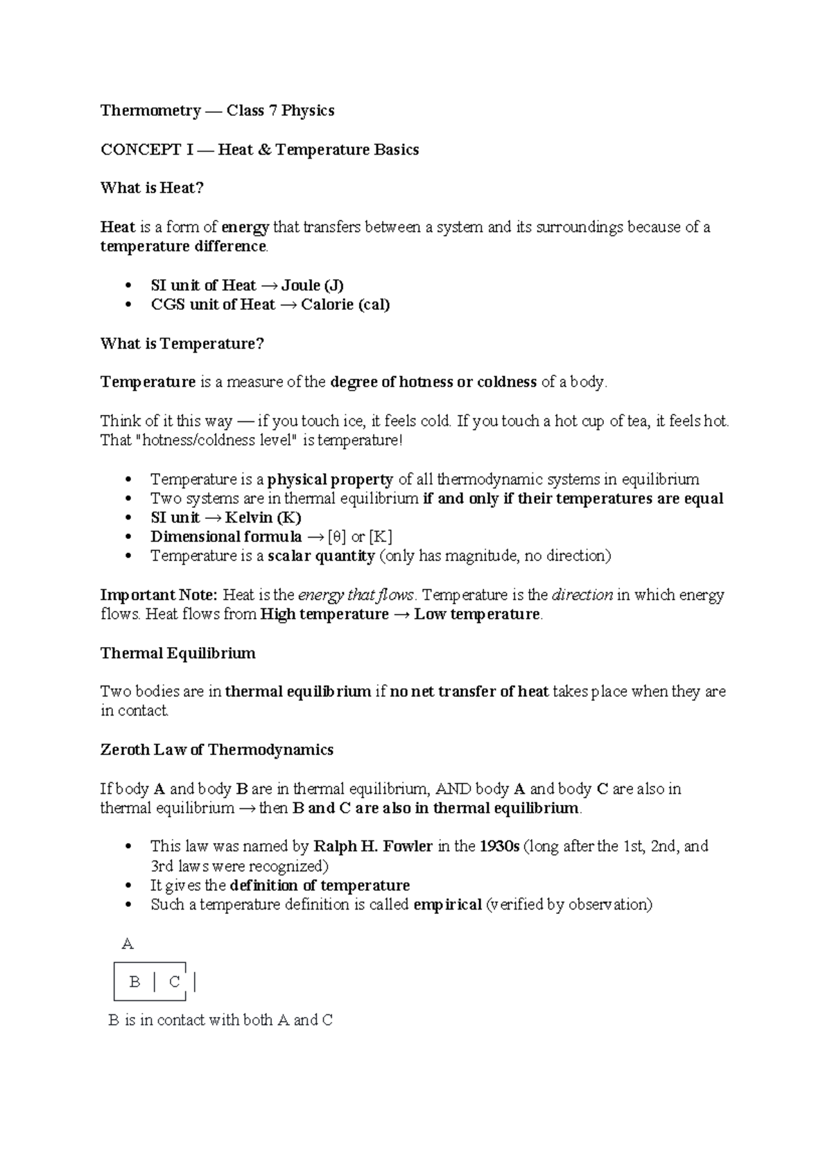 Thermometry Class 7 Physics: Heat & Temperature Basics Notes - Studocu