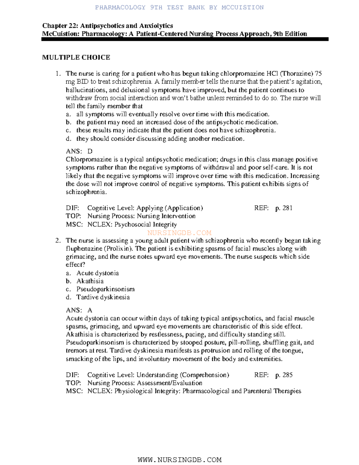 22 - Chapter 22: Antipsychotics & Anxiolytics Practice Questions - Studocu