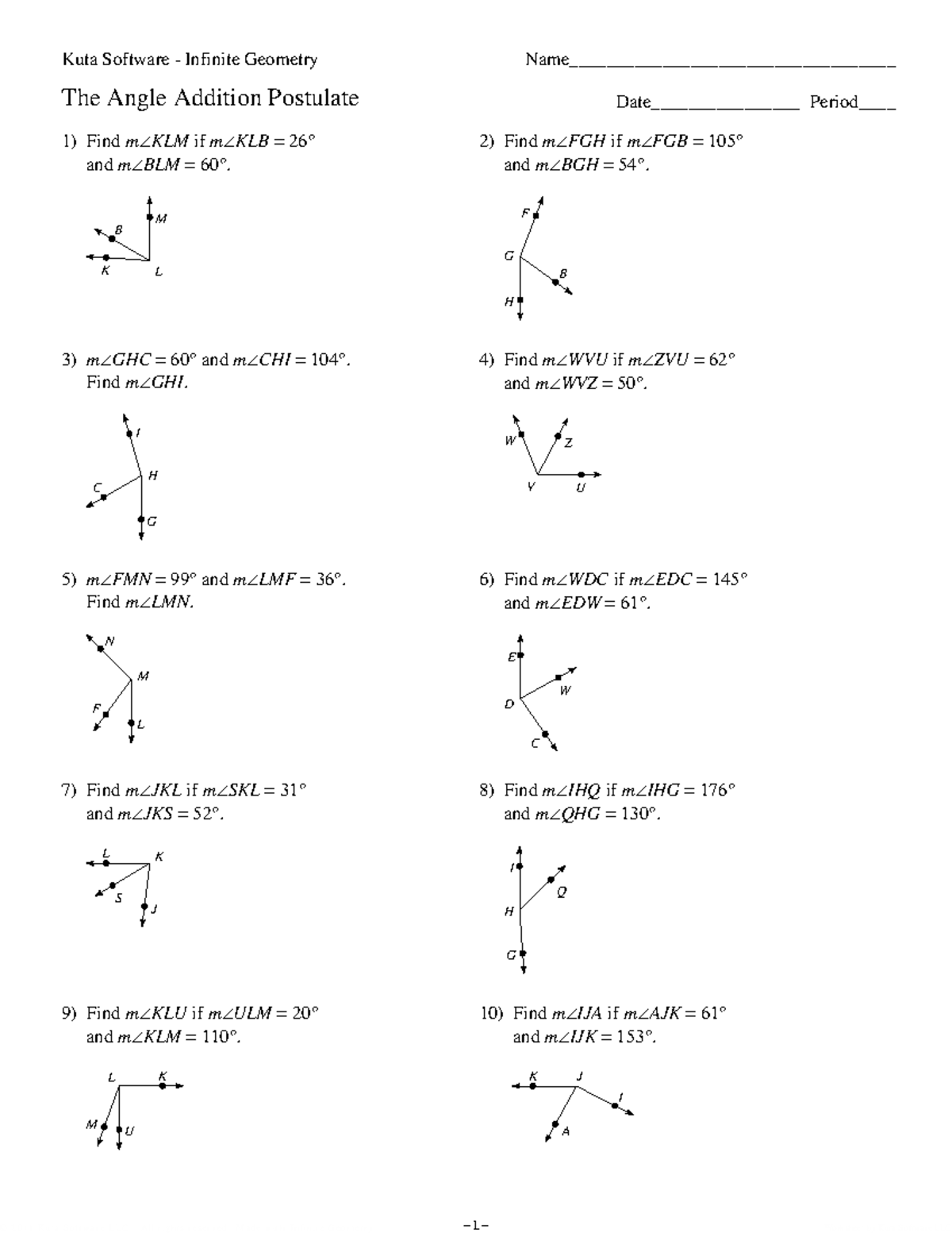 Angle Addition Postulate Worksheet: Geometry Concepts & Practice - Studocu