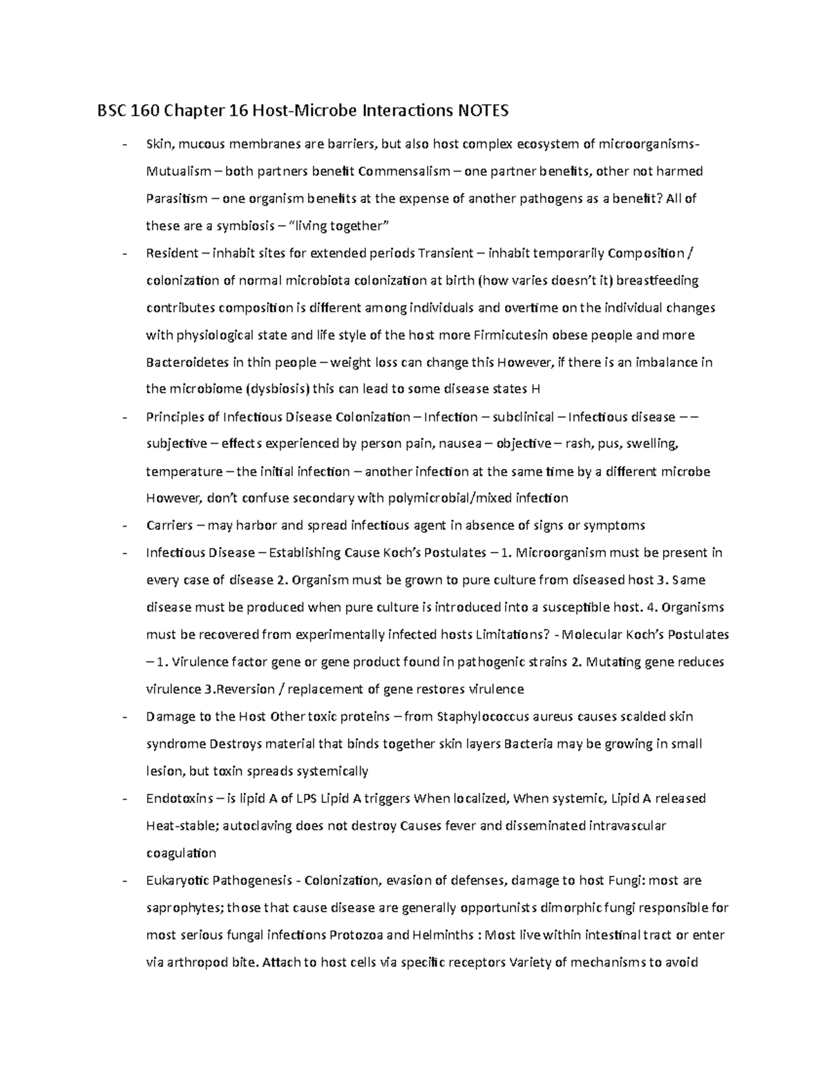 BSC 160 Chapter 16 Host Notes - BSC 160 Chapter 16 Host-Microbe ...