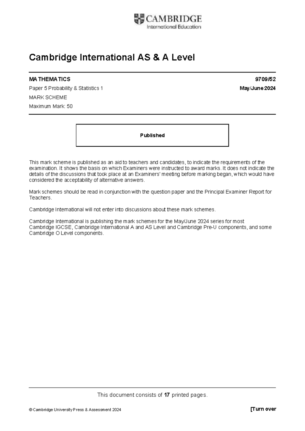 Cambridge International AS A Level Mathematics 9709/52 Probability ...