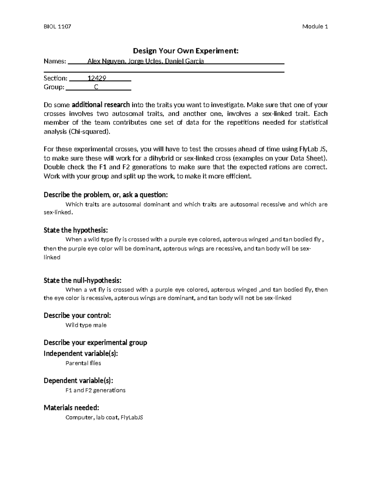 BIOL 1107 Mod1: Designing Your Own Genetic Experiment - Studocu