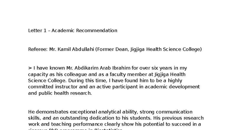 Recommendation Letters for DAAD PhD Scholarship - Jigjiga HSC - Studocu