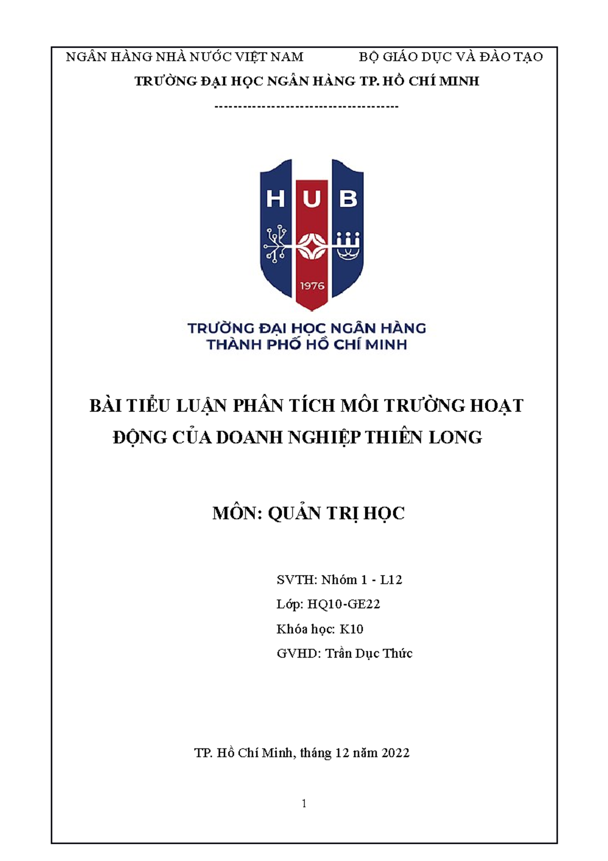 Phân Tích Môi Trường Doanh Nghiệp Thiên Long - Môn QT Học 2022 - Studocu