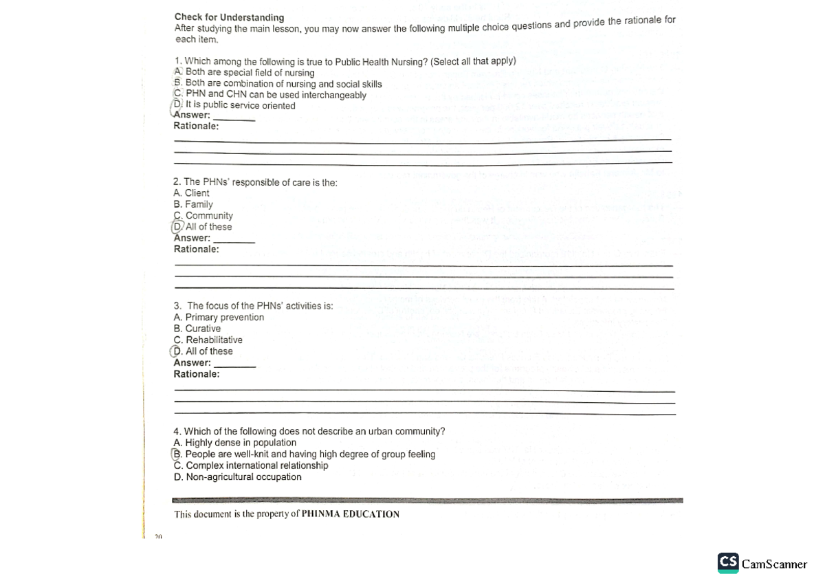 CHN LEC Check for Understanding: Multiple Choice Questions and Answers - Studocu