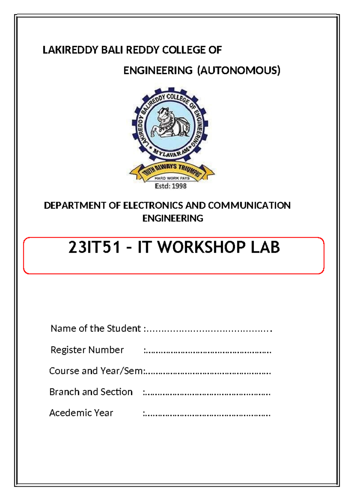 IT Workshop Lab Record - 23IT51 Practical Instructions and Observations ...