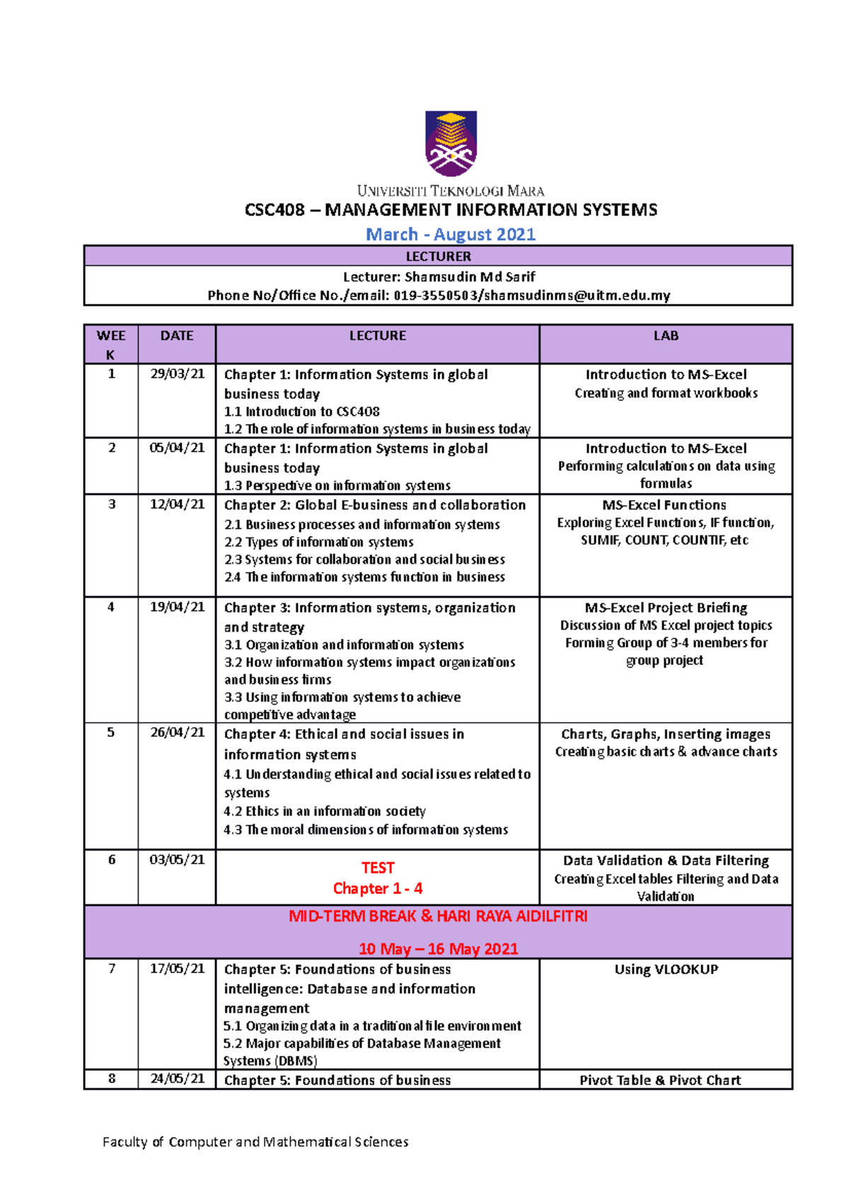 SOW CSC408 MAR2021 v1 - CSC408 – MANAGEMENT INFORMATION SYSTEMS March ...