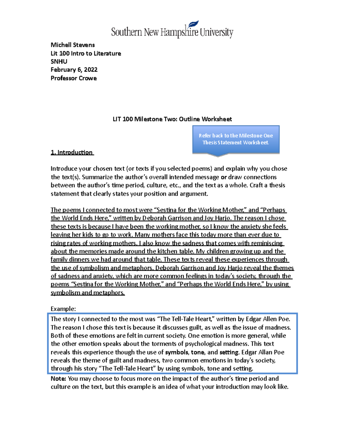 Lit 100 Milestone 2: Outline and Supporting Arguments Worksheet - Studocu