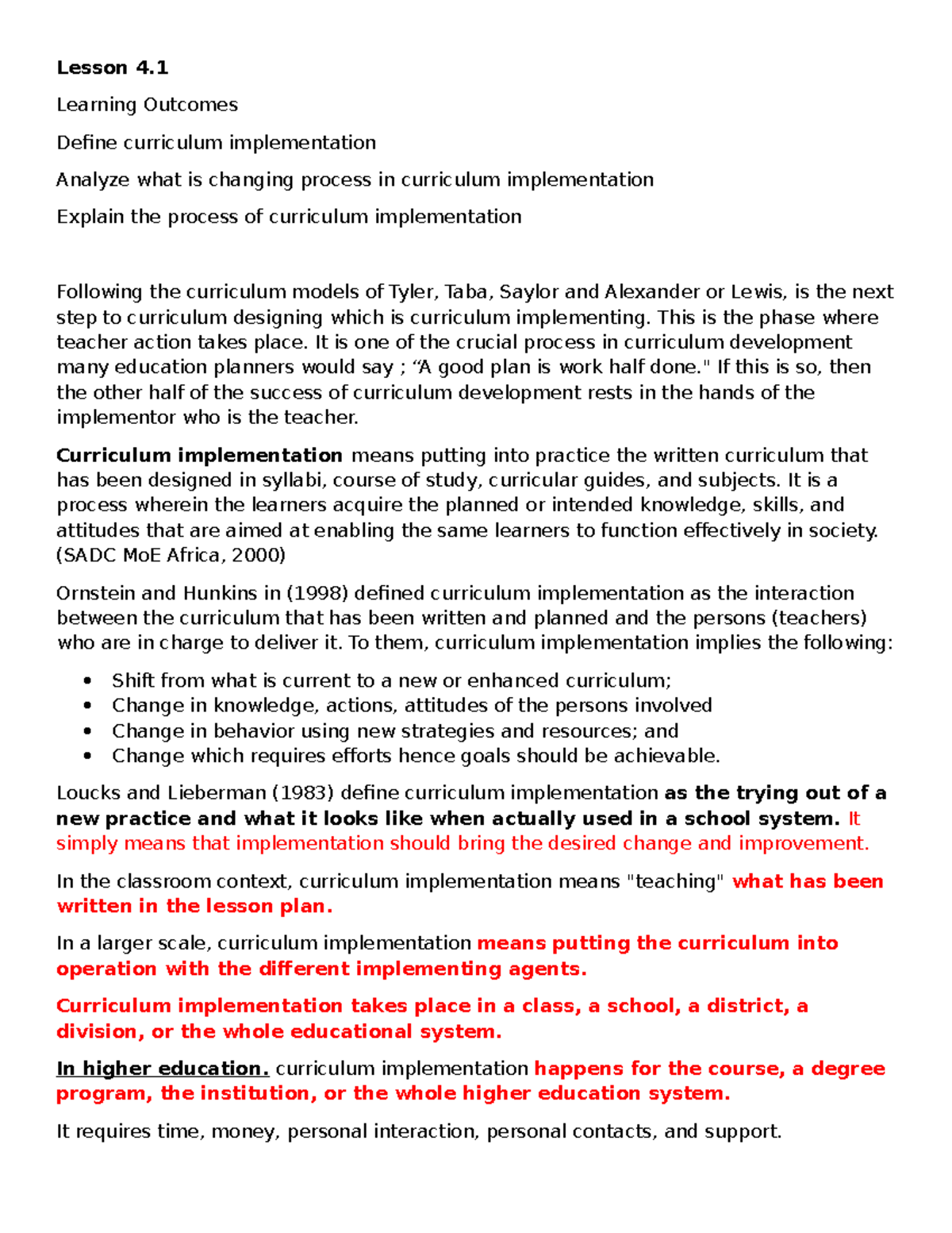 Lesson 4.1: Curriculum Implementation and Change Processes - Studocu
