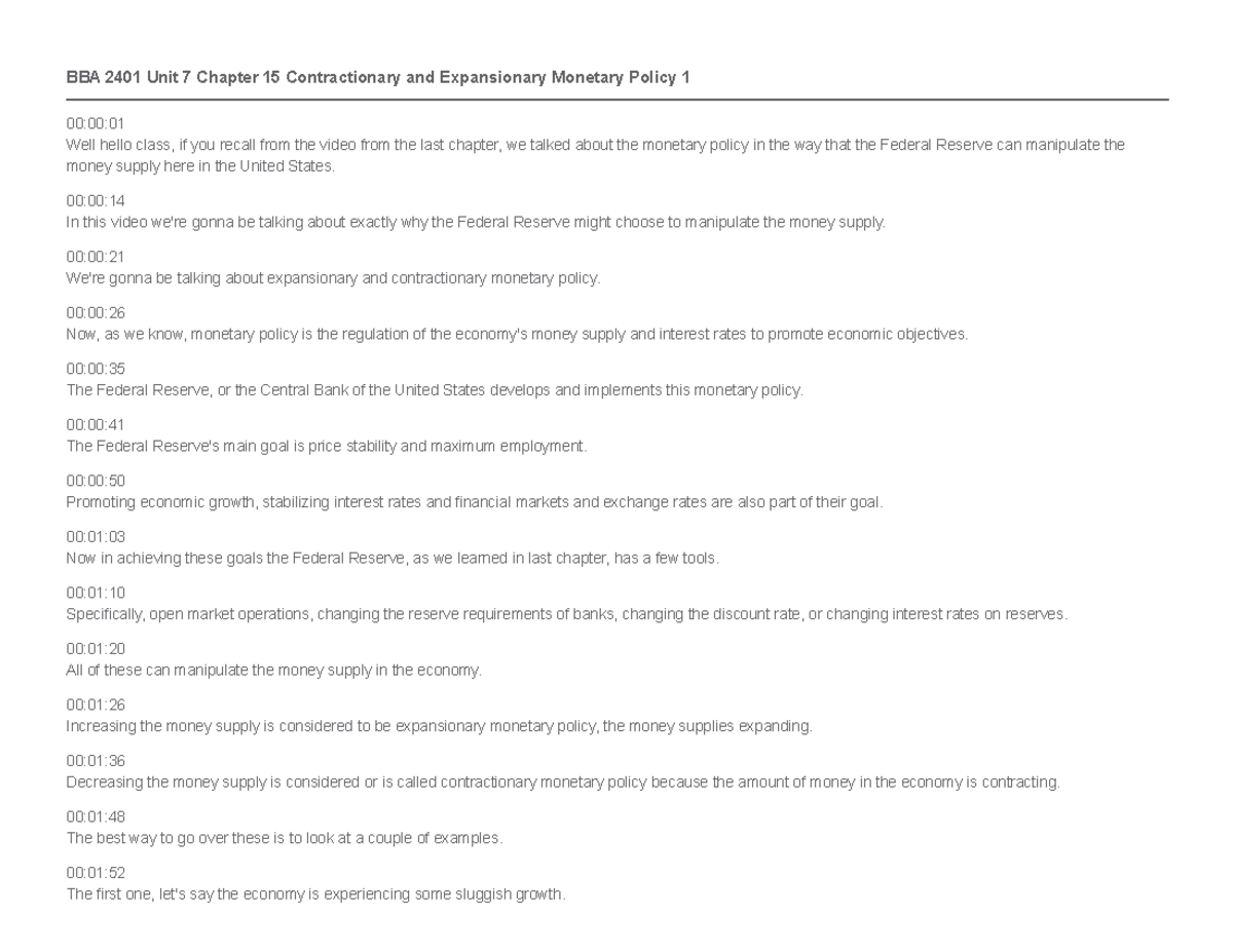 UNIT 7 Transcript Contractionary Video Macroeconomics - BBA 2401 Unit 7 Chapter 15 ...