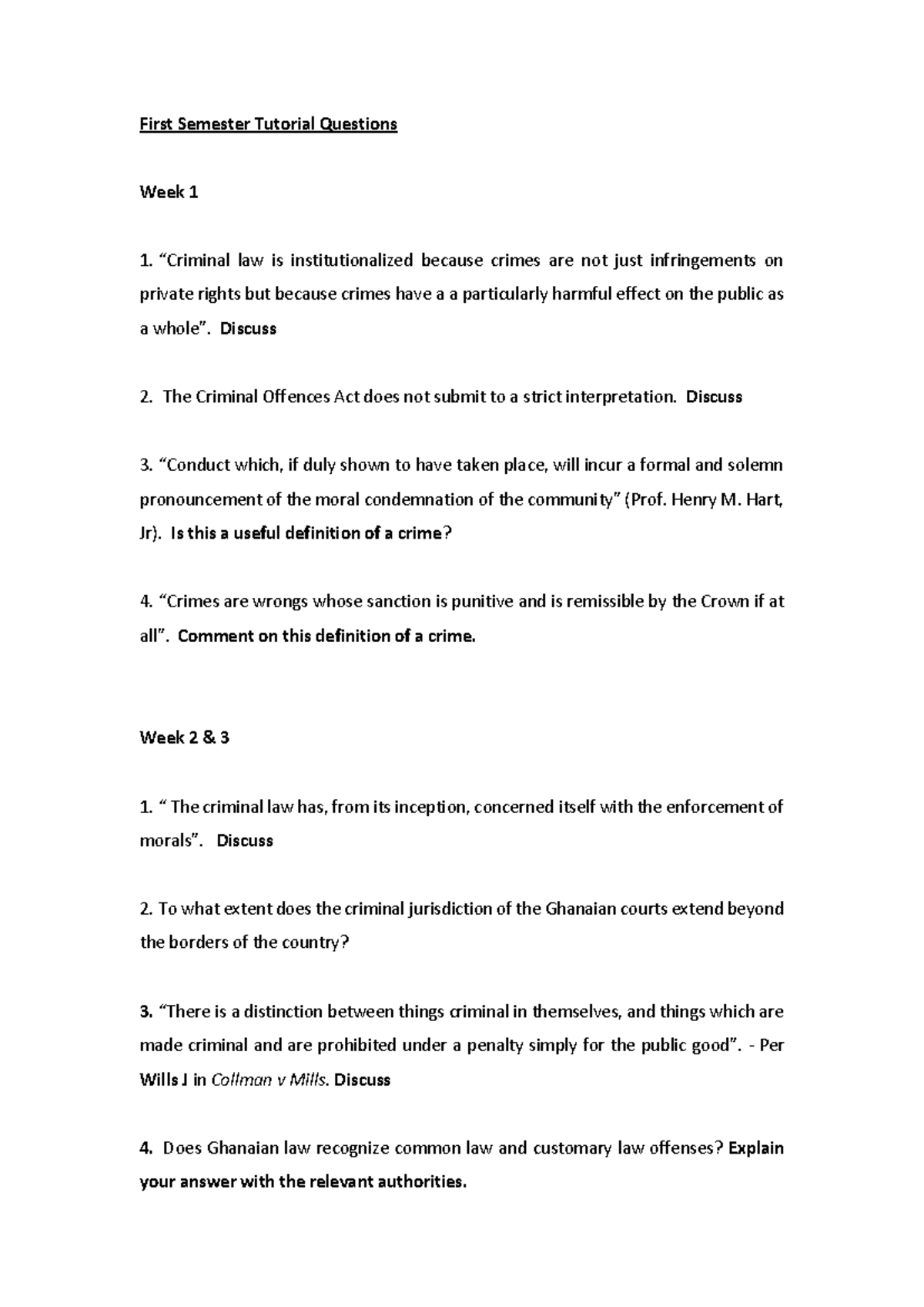 Criminal law Tutorial Questions - First Semester Tutorial Questions ...