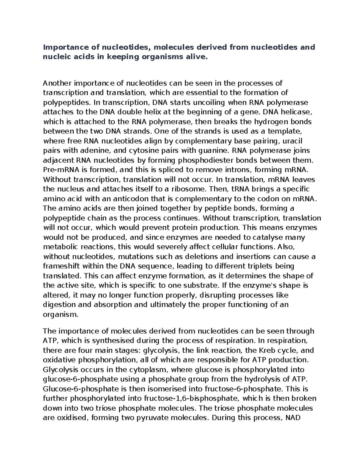 Bio Essay: The Vital Role of Nucleotides in Life Processes - Studocu