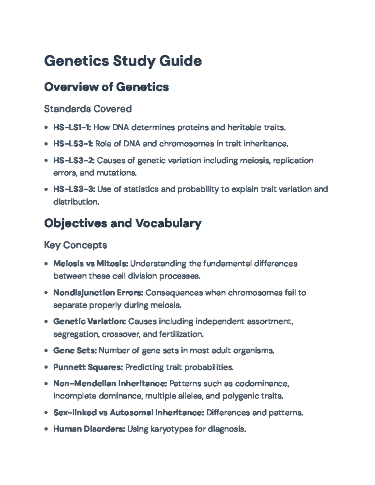 Genetics Study Guide: Meiosis, Variations, and Inheritance Patterns ...