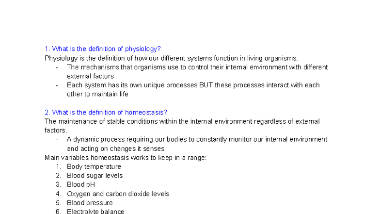 Weeks 1-4 Physiology Lecture Notes: Homeostasis & Feedback Mechanisms ...