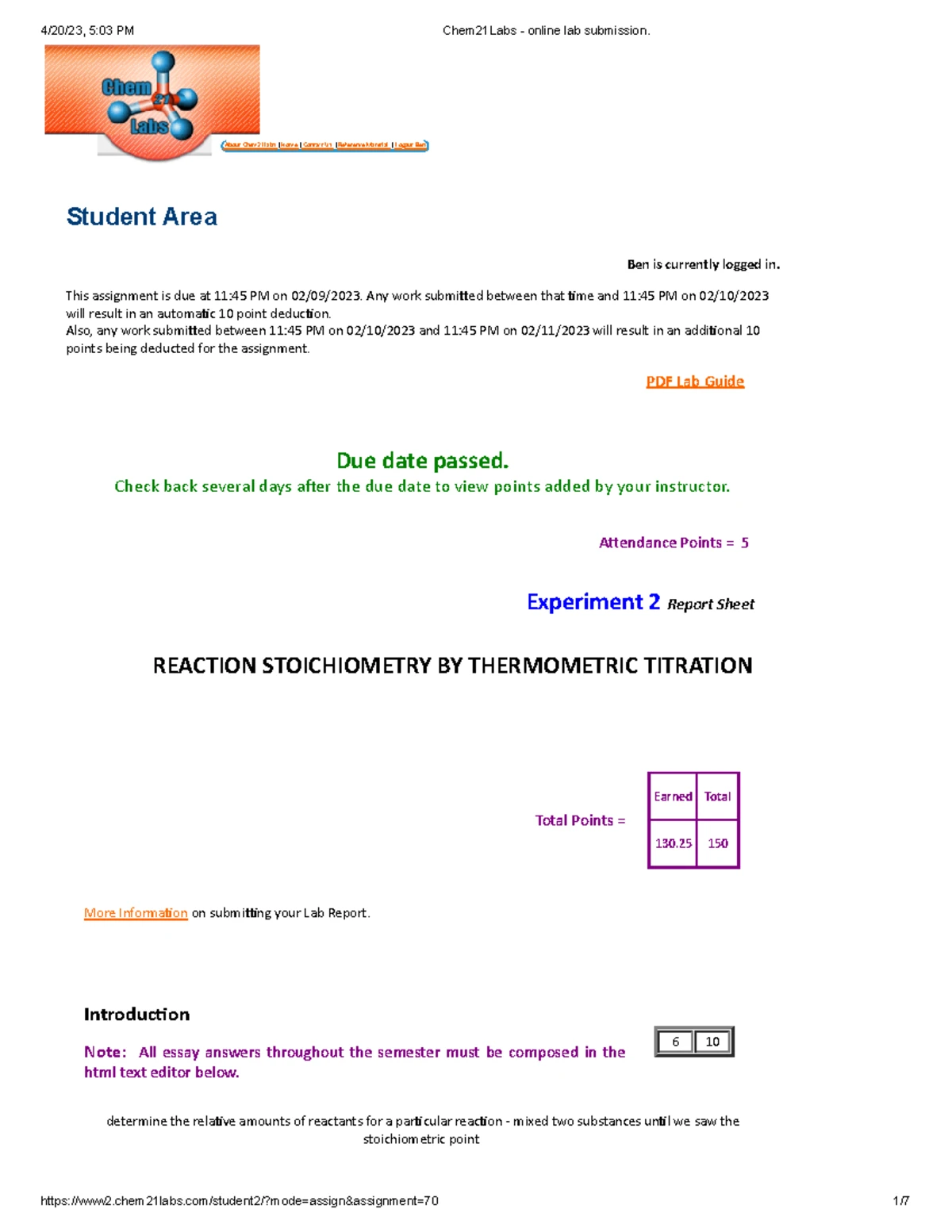 Experiment 2 Reaction Stoichiometry via Thermometric Titration - ####### About Chem21Labs | Home ...