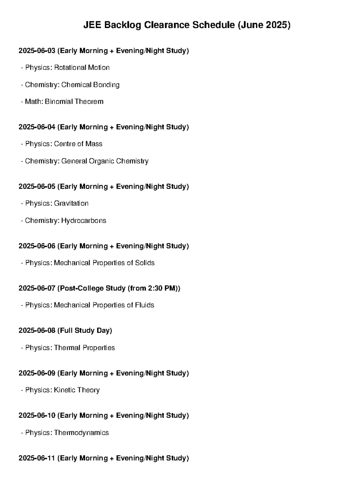 JEE Backlog Clearance Schedule: Physics, Chemistry & Math (June 2025 ...