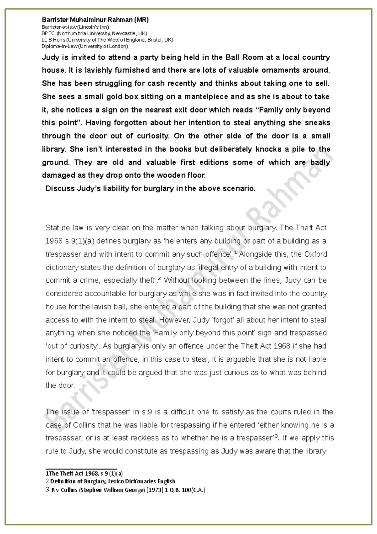 BPTC Case Study: Analyzing Judy's Liability for Burglary - Studocu