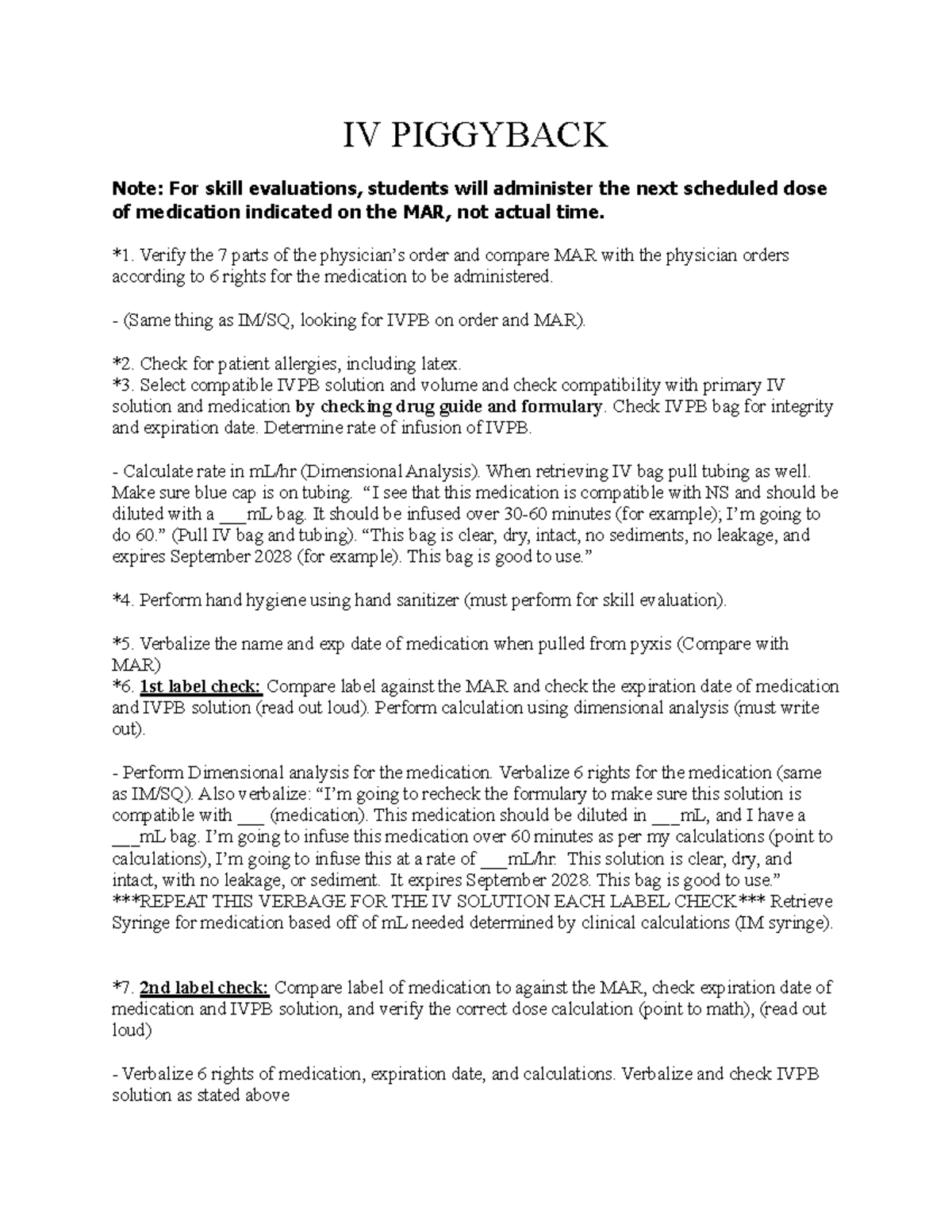 IVPB Medication Administration Skills Evaluation Guide - Studocu