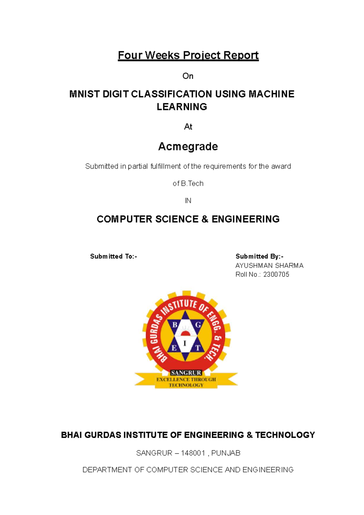 MNIST Digit Classification Project Report - B.Tech CSE - Studocu