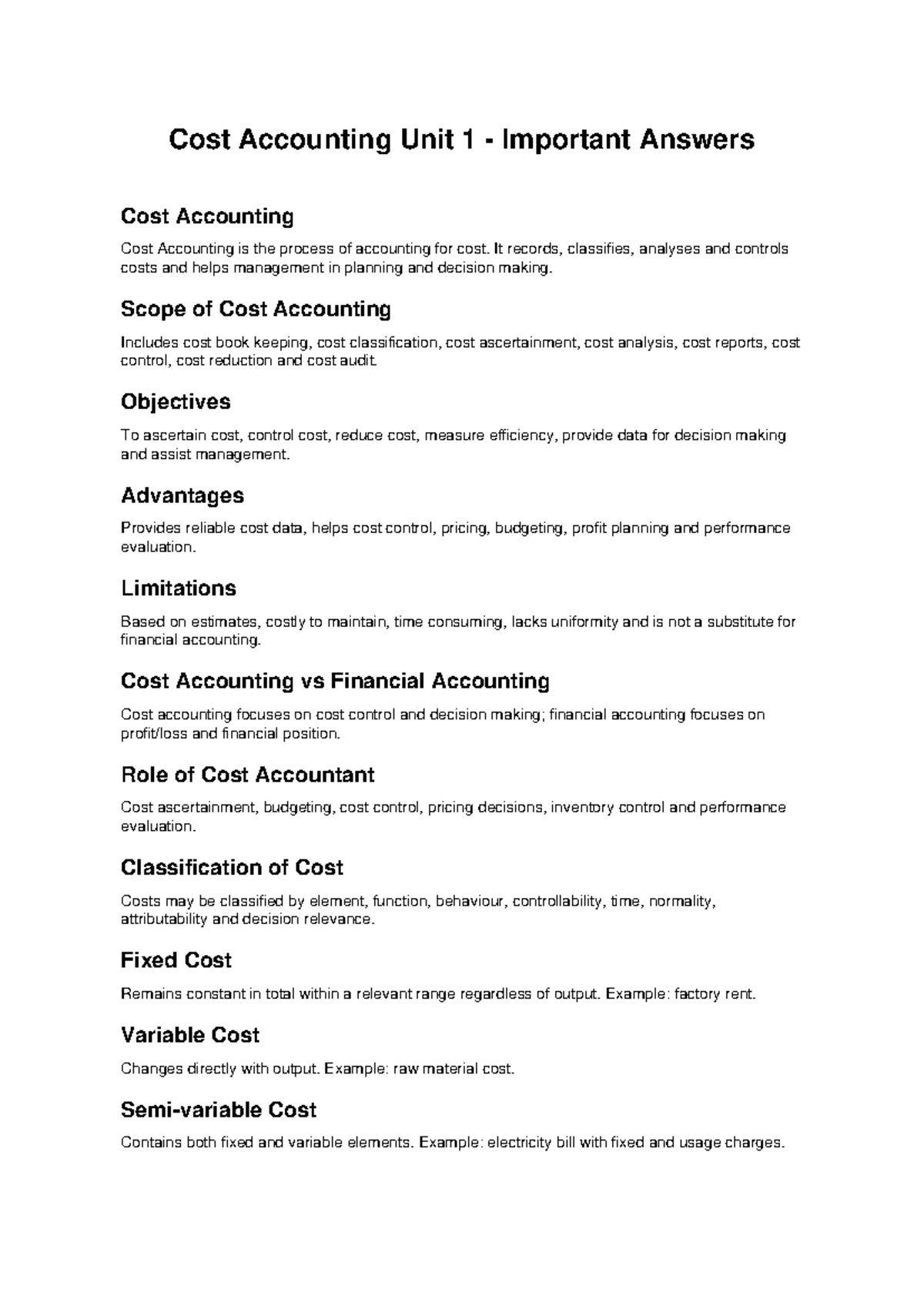 Cost Accounting Unit 1 Key Concepts and Important Answers - Studocu