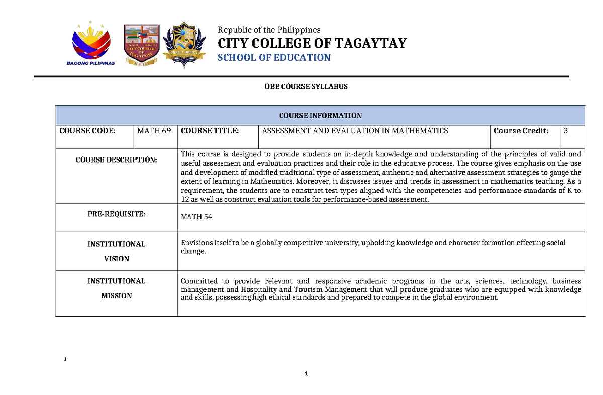 MATH 69 Syllabus: Assessment & Evaluation in Mathematics - Studocu