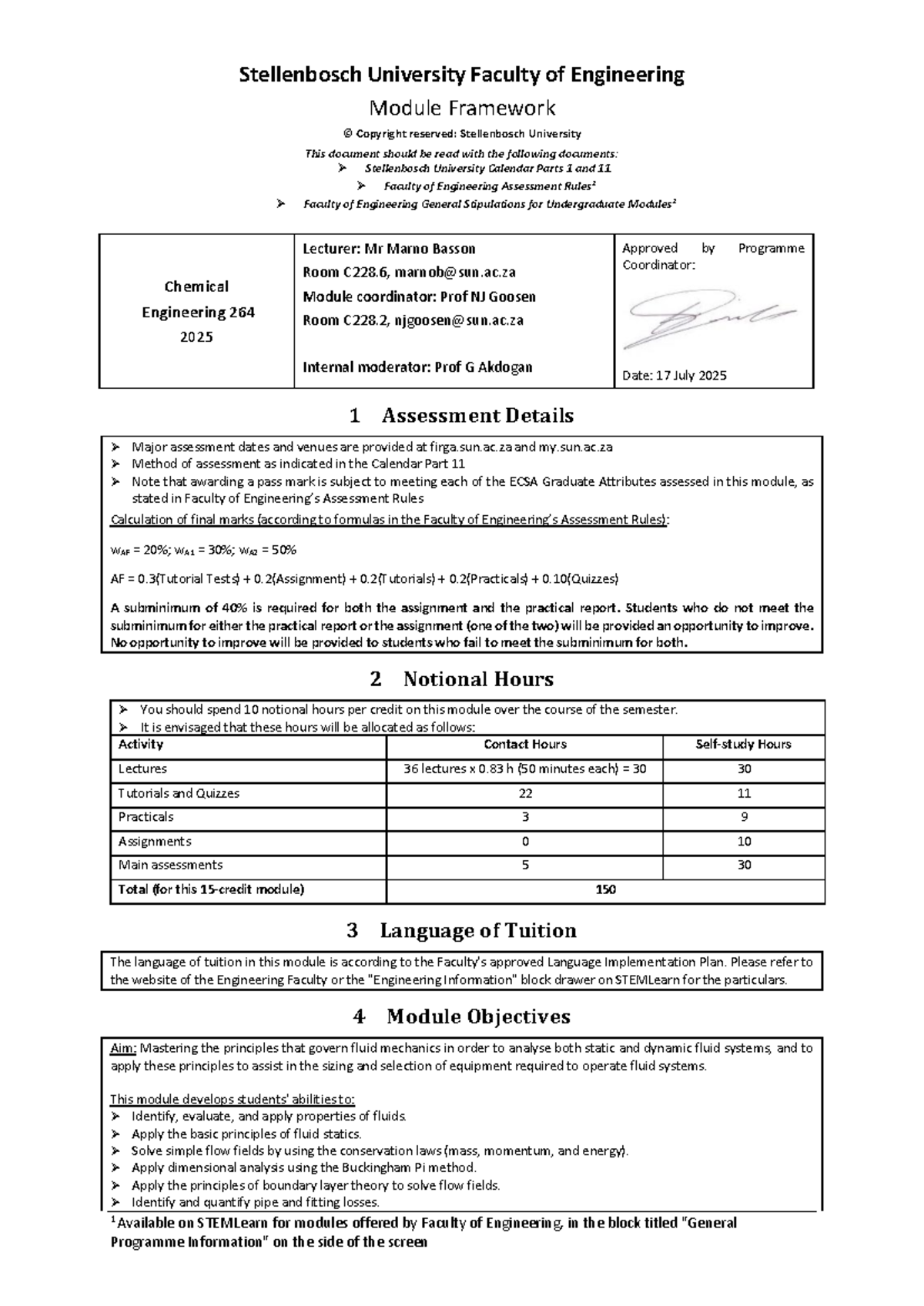 Chemical Engineering 264 Module Framework 2025: Assessment & Objectives - Studocu