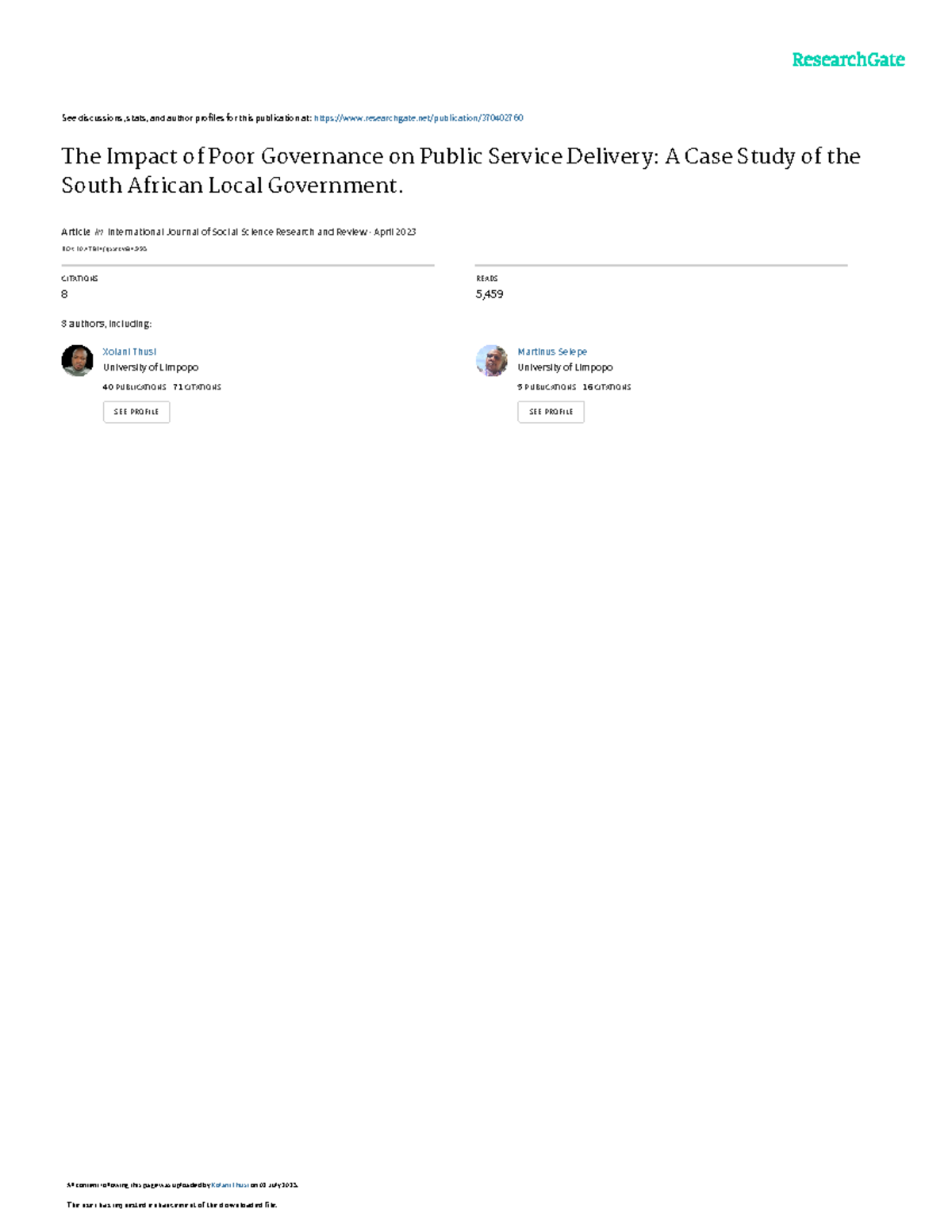 Impact of Poor Governance on Public Service Delivery in SA Local Gov ...