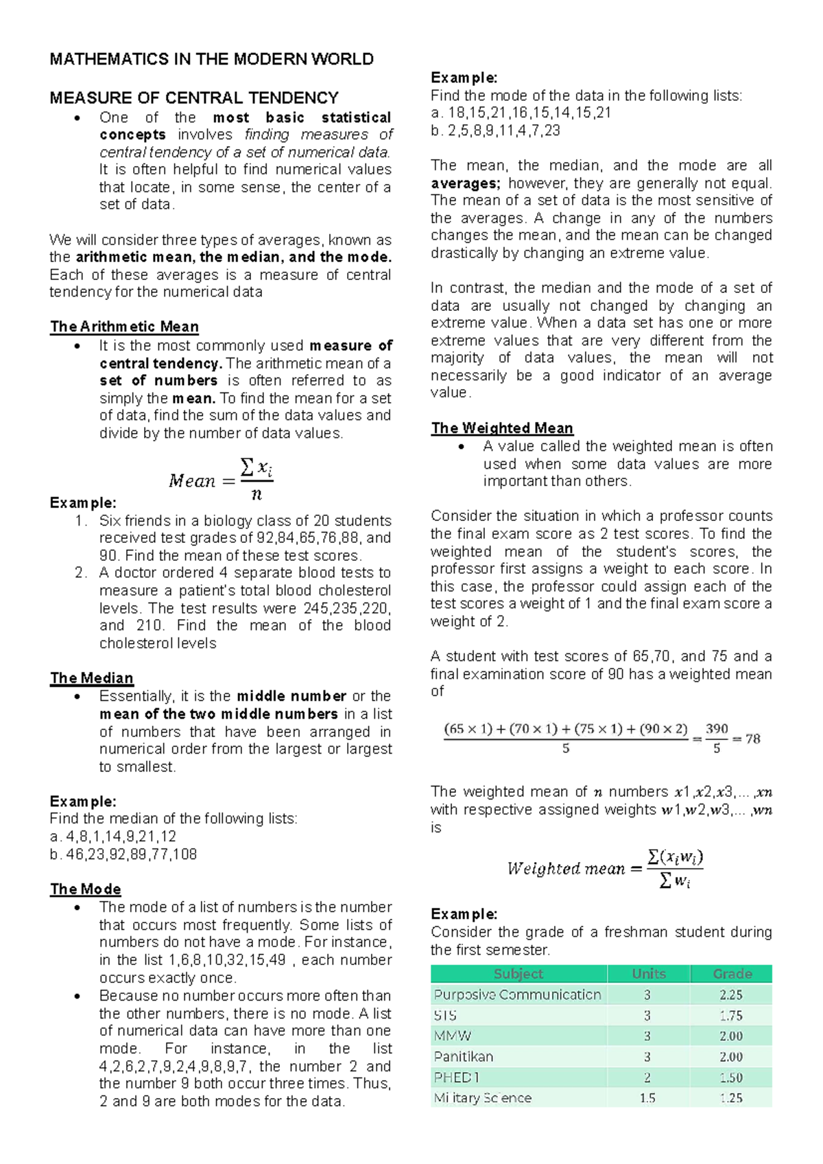 GNED-03-2: Measures of Central Tendency and Dispersion Notes - Studocu