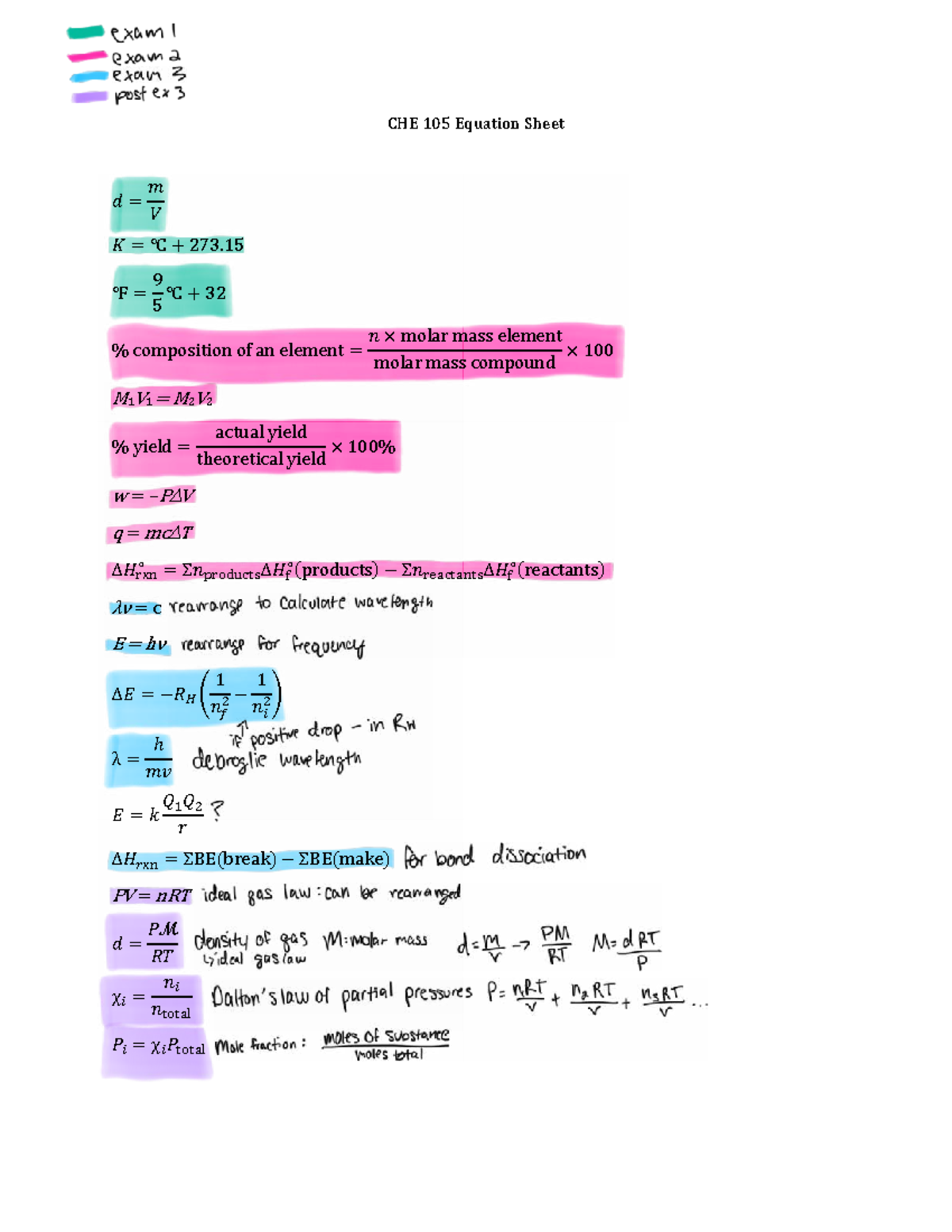 105 equation sheet fa24 - CHE 105 Equation Sheet 𝑑 ൌ 𝑚𝑉 𝐾 ൌ °C ൅ 273 ...