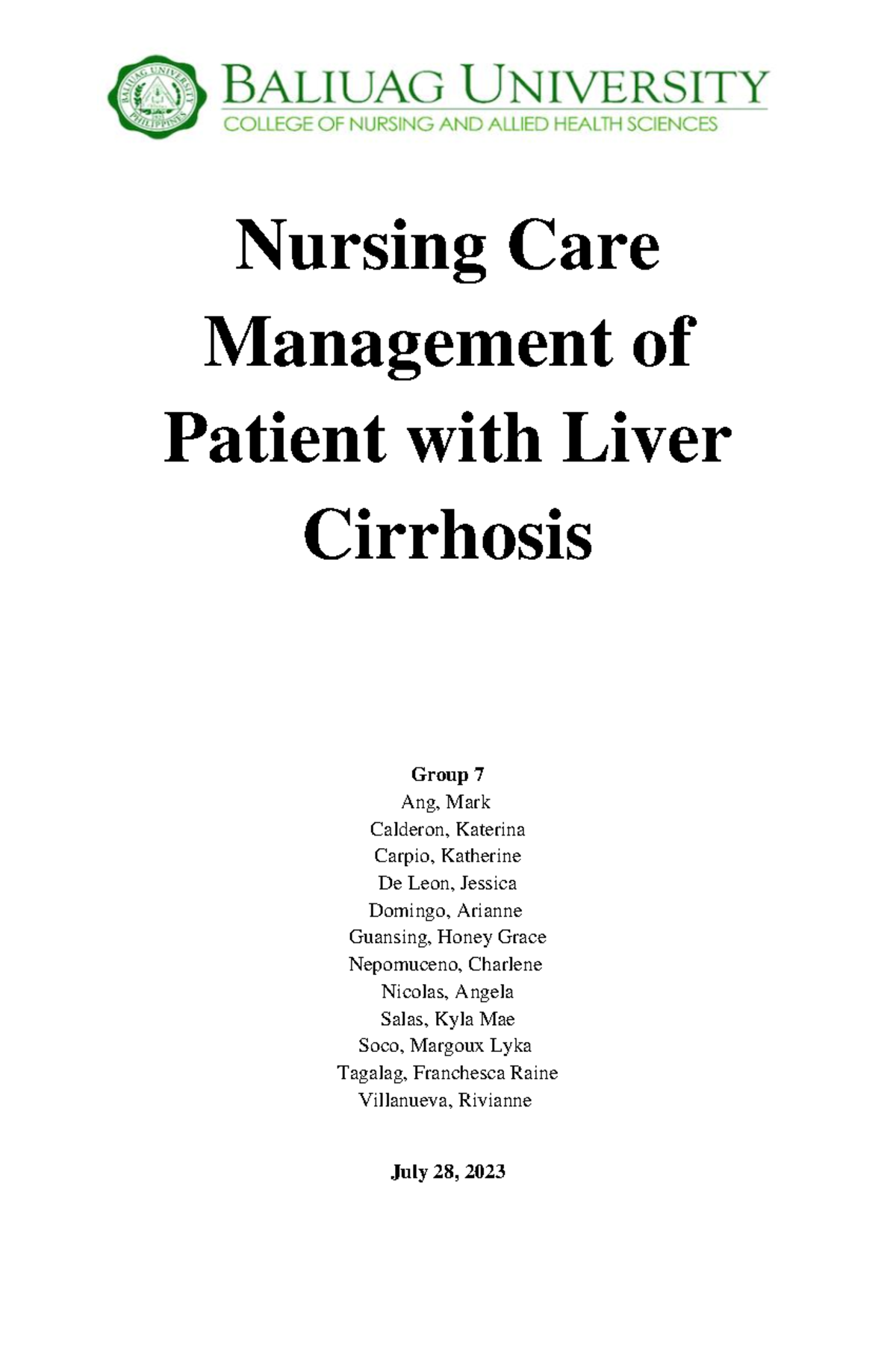 Clincon CASE Presentation Liver Cirrhosis Final NA SANA - Nursing Care ...