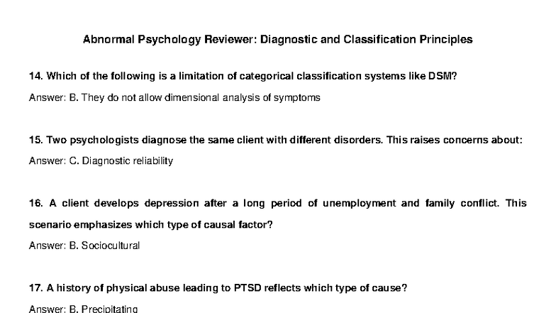 Abnormal Psychology (PSY 314) Final Exam Reviewer: Diagnosis ...