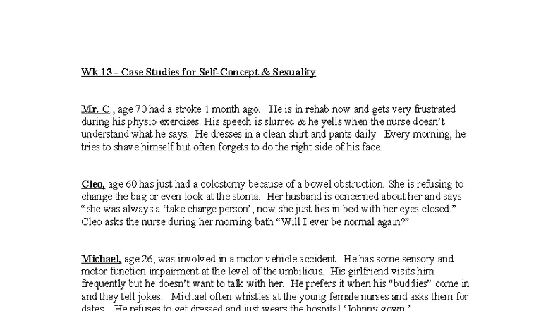 Wk 13 Case Studies: Self-Concept & Sexuality Analysis - Studocu