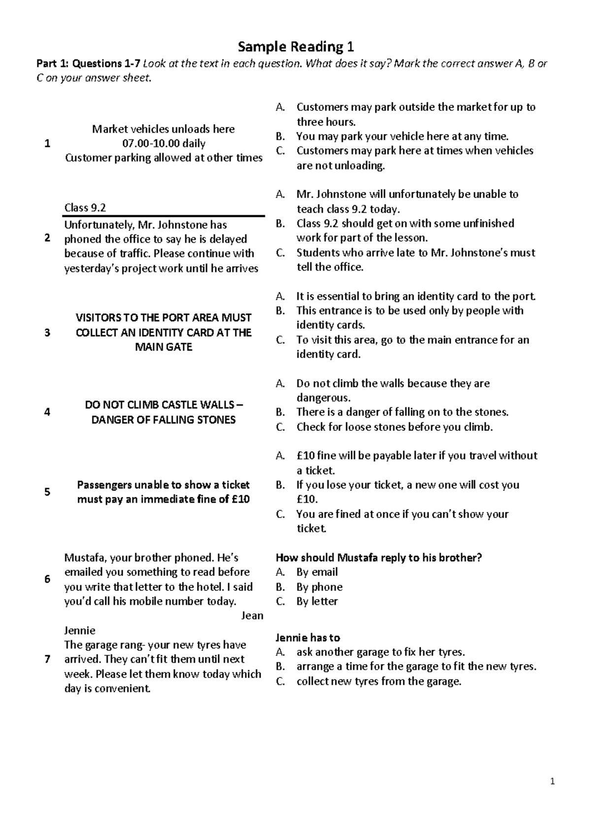 E3. Reading Practice Test: Sample Questions and Answers - Studocu
