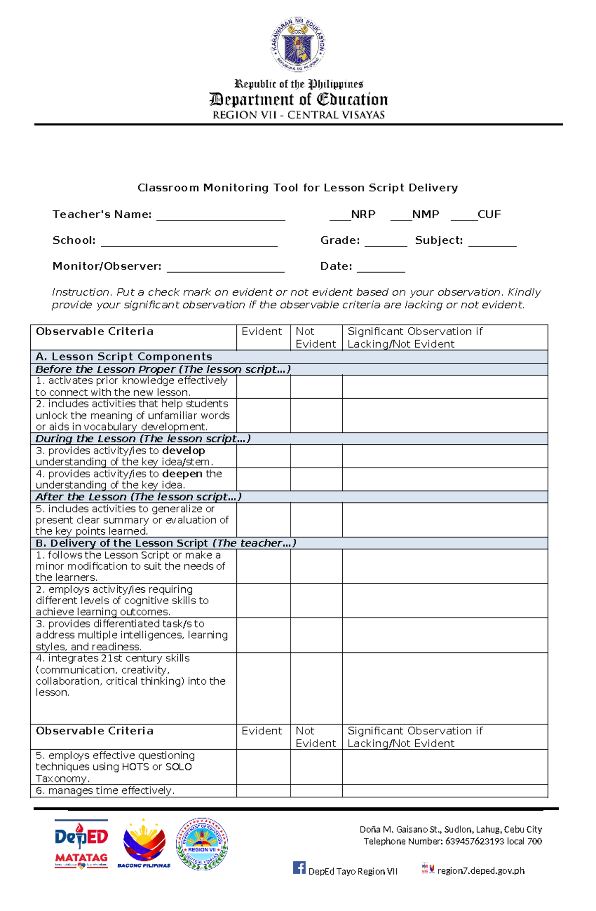 Classroom Monitoring Tool for Lesson Script Delivery (DepEd) - Studocu
