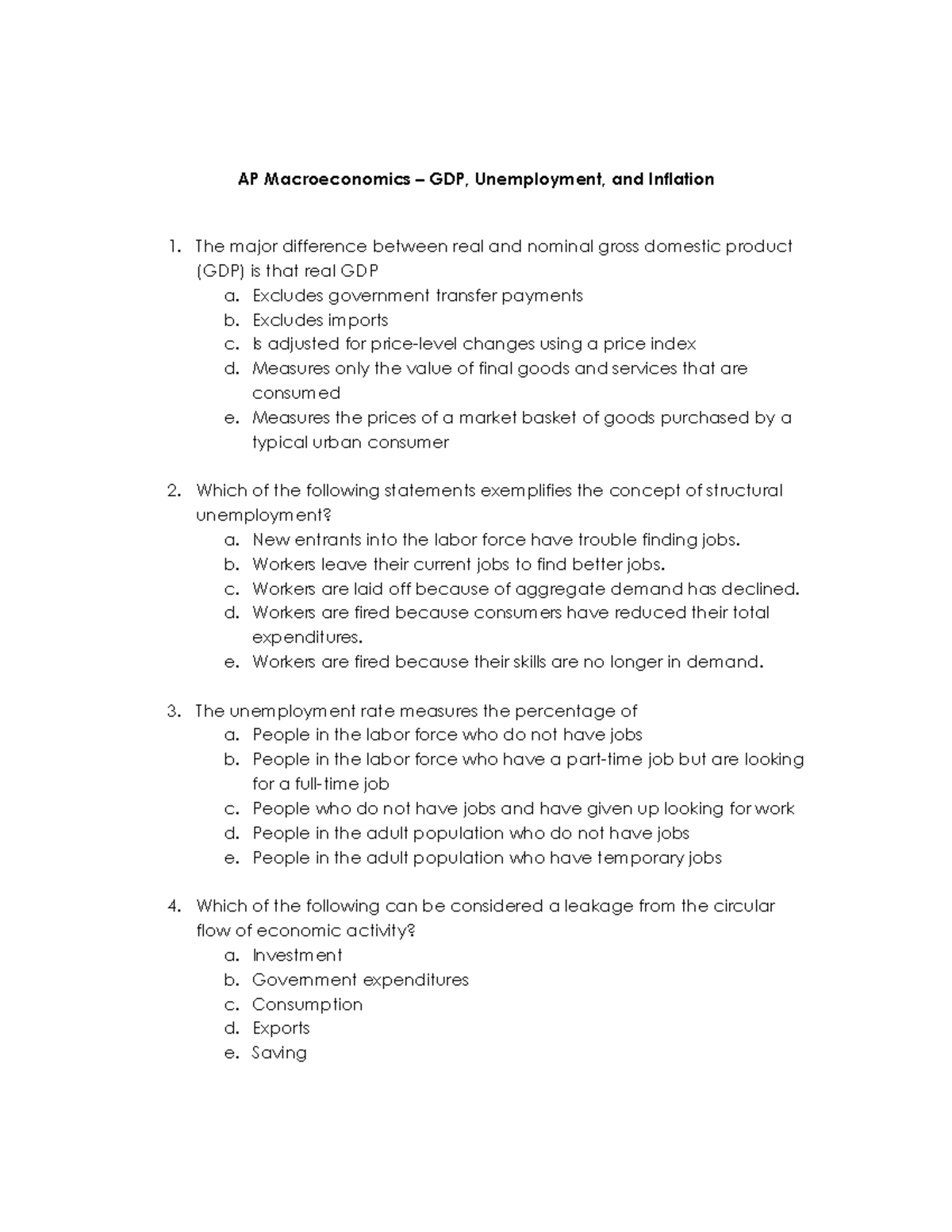 Ap Macro Unit 2 Review Questions Gdp Inflation Ue With Answers Ap Macroeconomics Gdp