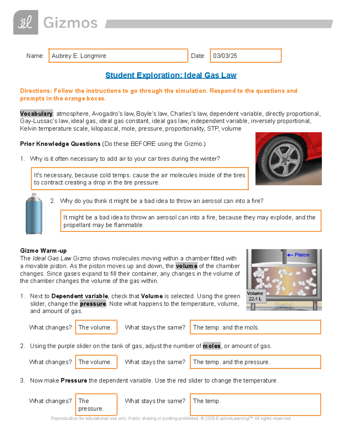 Ideal Gas Law SE: Student Exploration Guide and Activities - Studocu