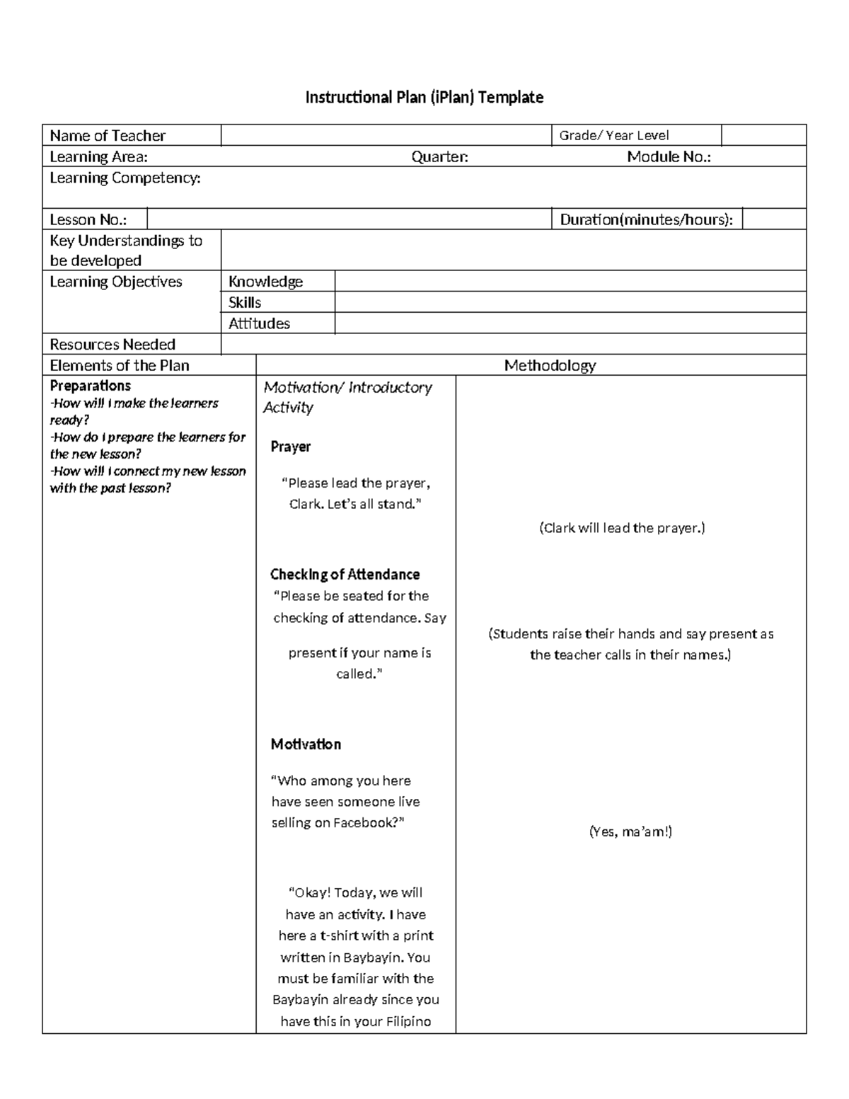 Instructional Plan (iPlan) Template - Lesson on Resume Writing - Studocu