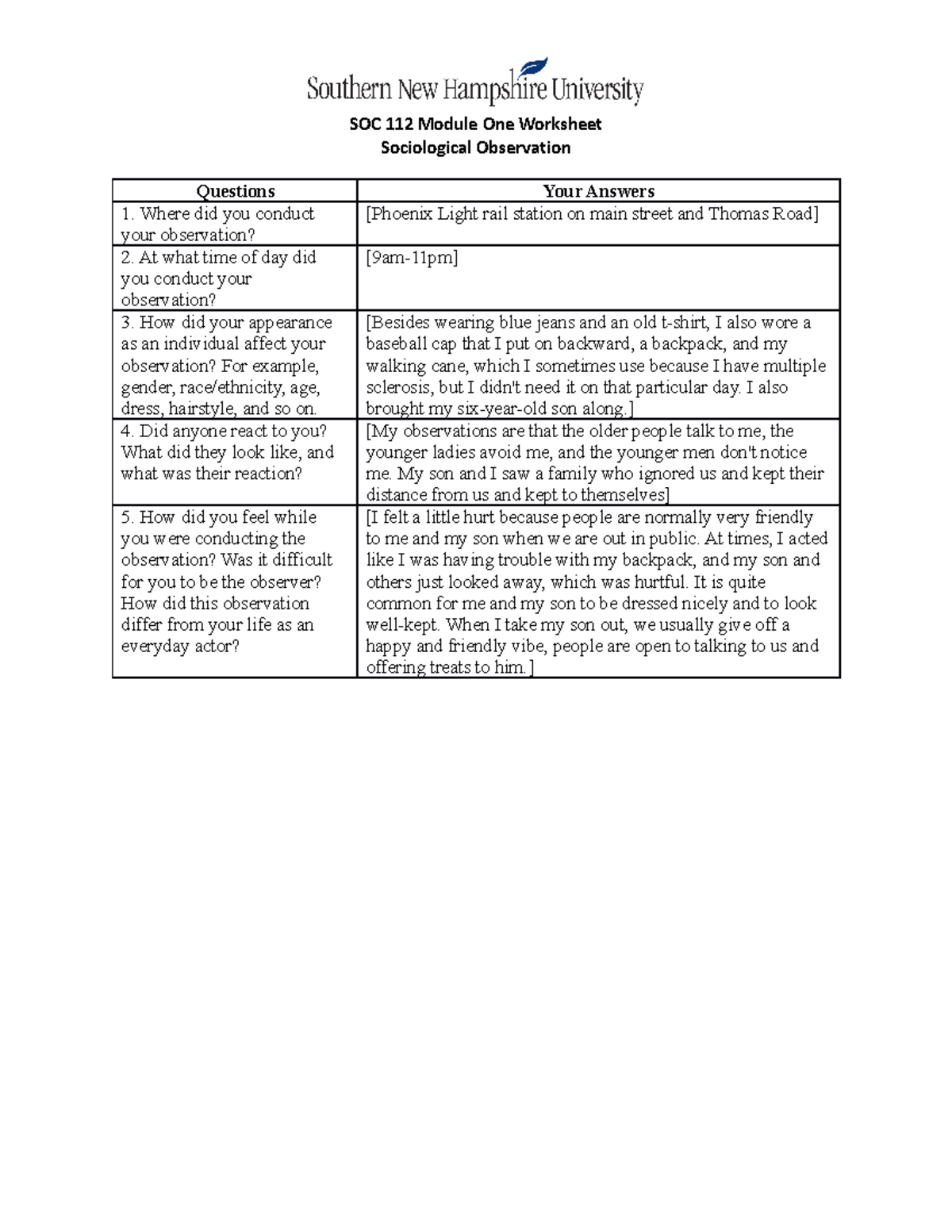 SOC 112 Sociological Observation Worksheet: Module One Insights - Studocu