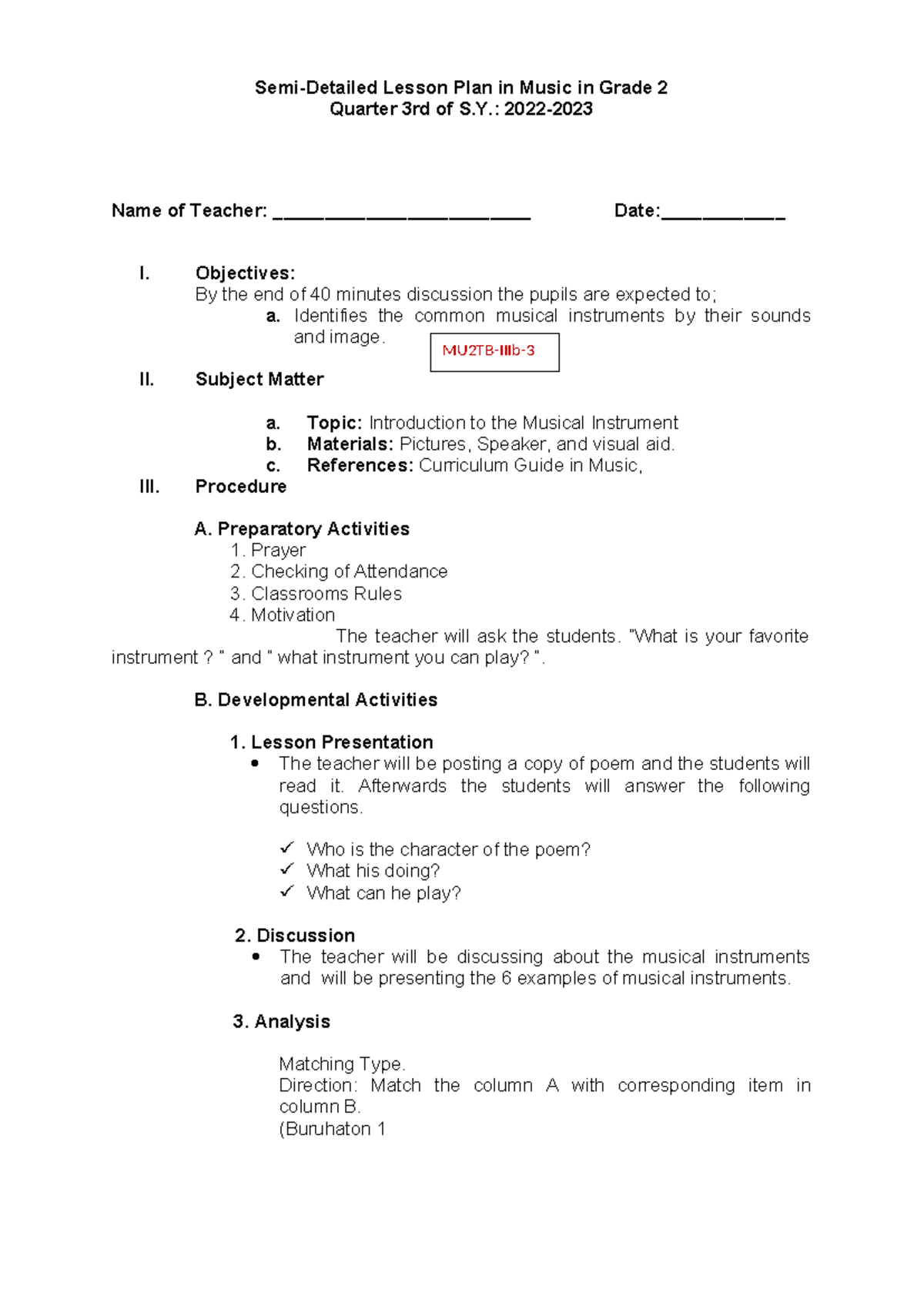 Grade 2 Music Lesson Plan: Introduction to Musical Instruments - Studocu